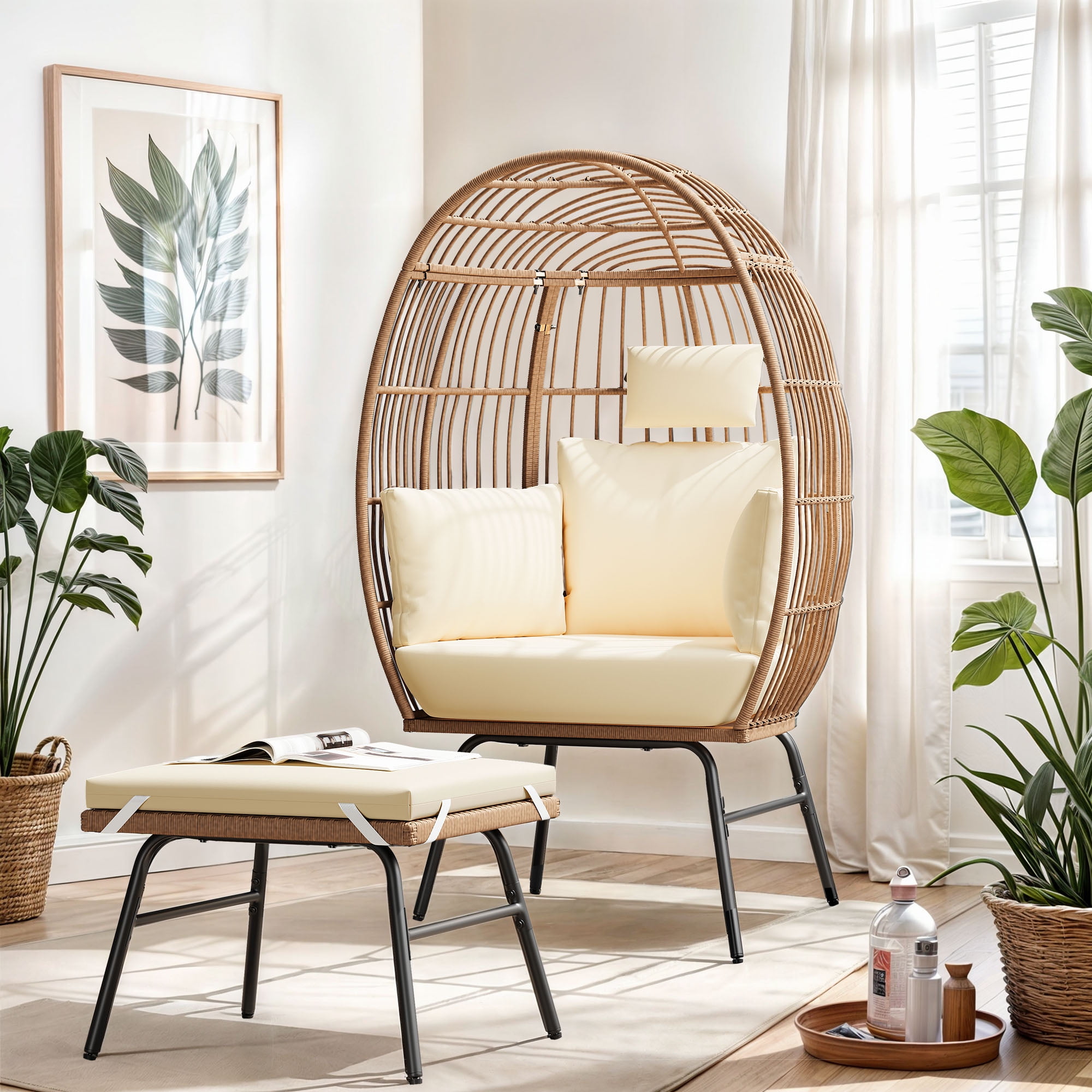 DWVO Outdoor Egg Chair with Footrest, Patio Wicker Basket Chair with ...
