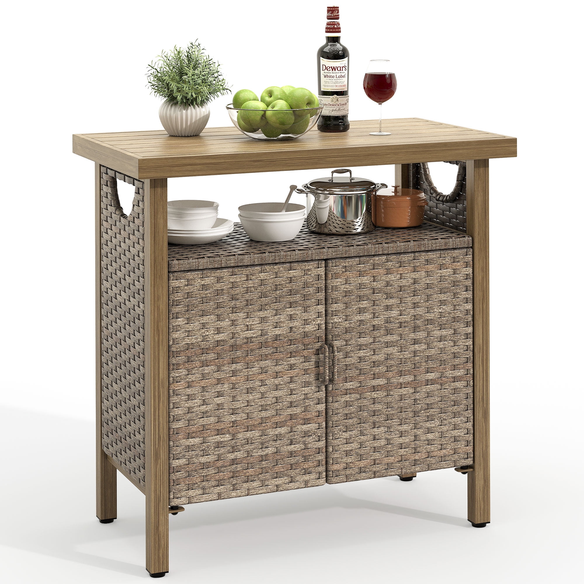 DWVO Weatherproof Outdoor Wicker Bar Table with Storage Cabinet ...