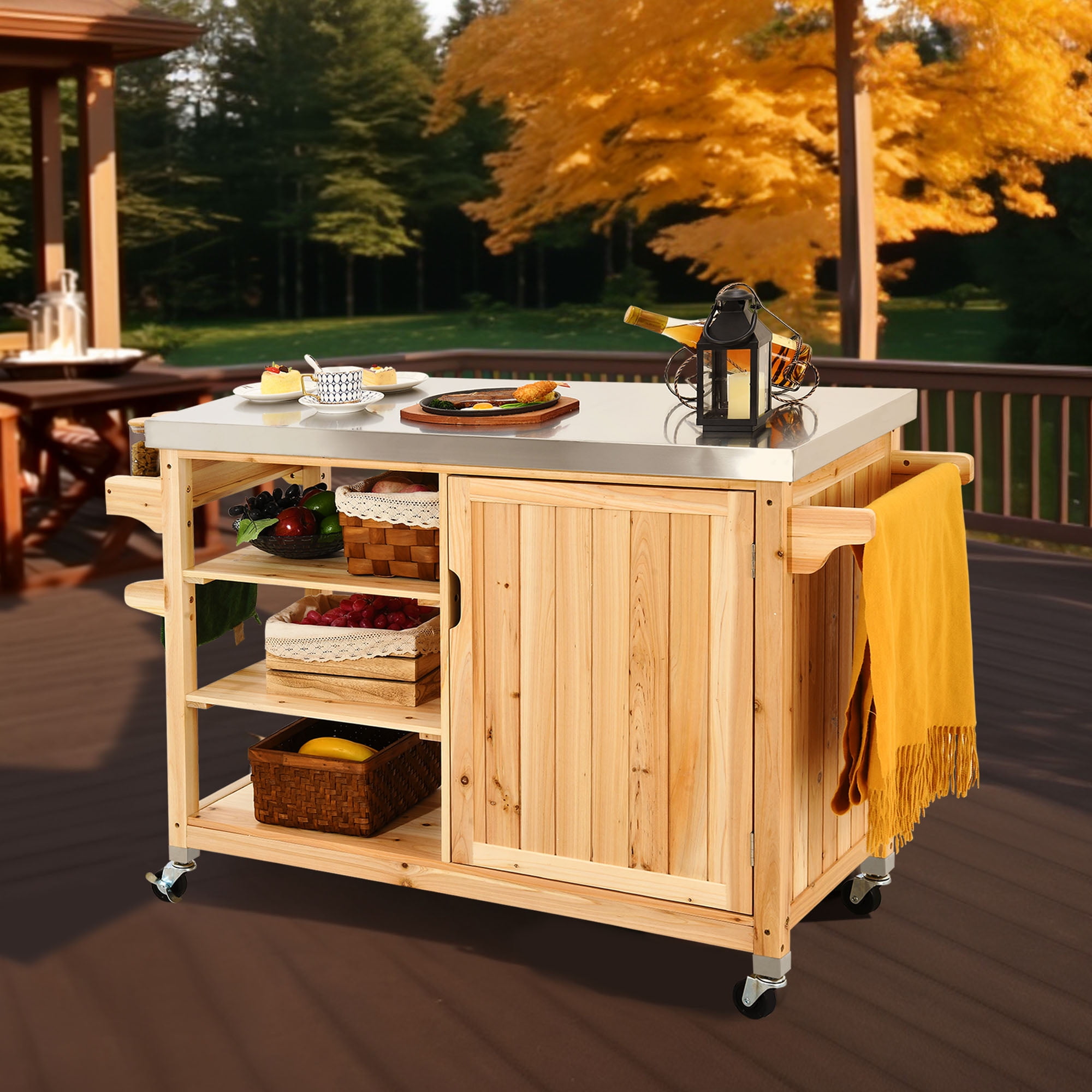DWVO Solid Wood Outdoor Grill Table with Storage, Stainless Steel Top ...