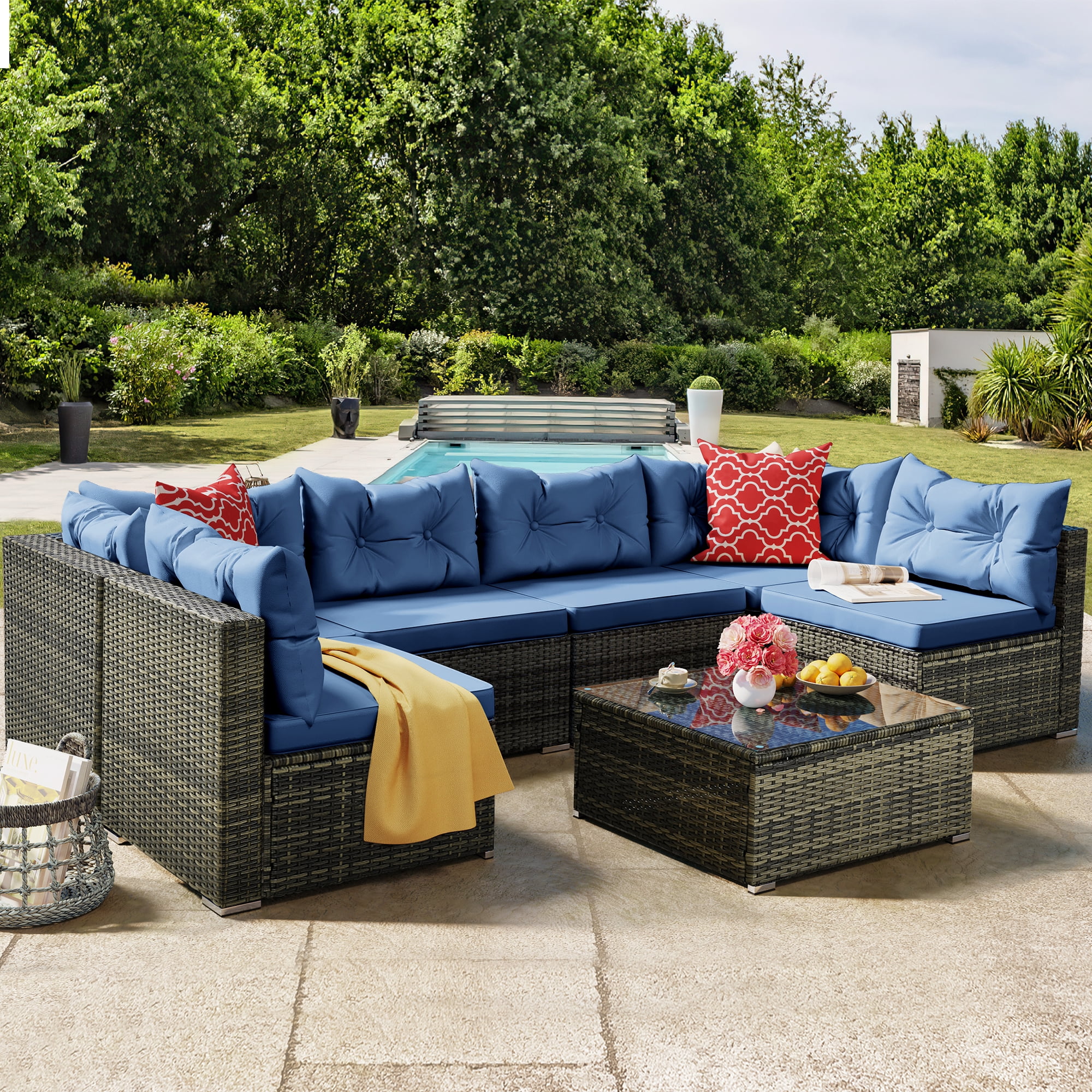 DWVO Patio Furniture Set, 7 Pieces PE Rattan Outdoor Conversation Set ...