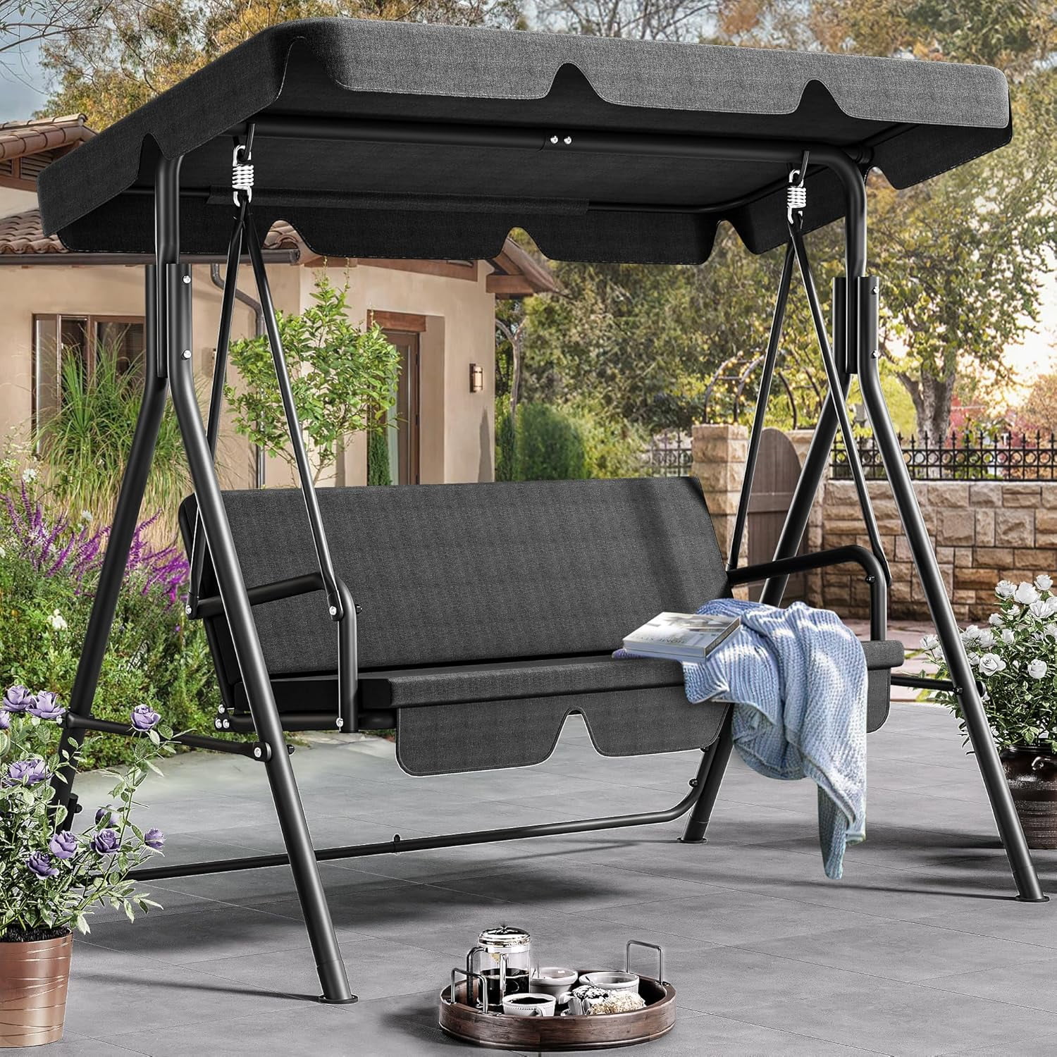 DWVO Patio Swing Front Porch Swing for Adults 3 Seat Porch Swings with ...