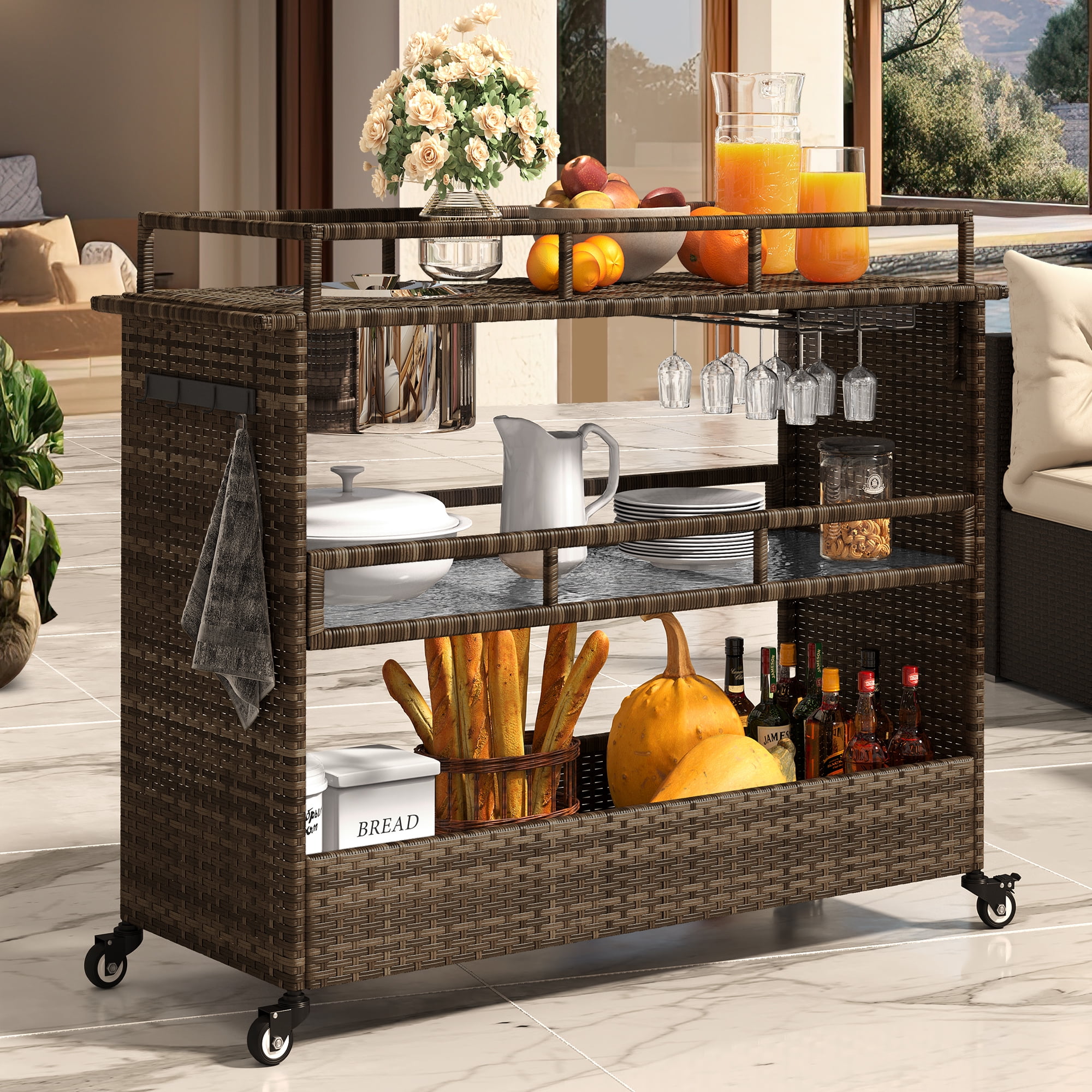 DWVO Portable Wicker Rattan Outdoor Patio Rolling Bar Cart With Wheels ...