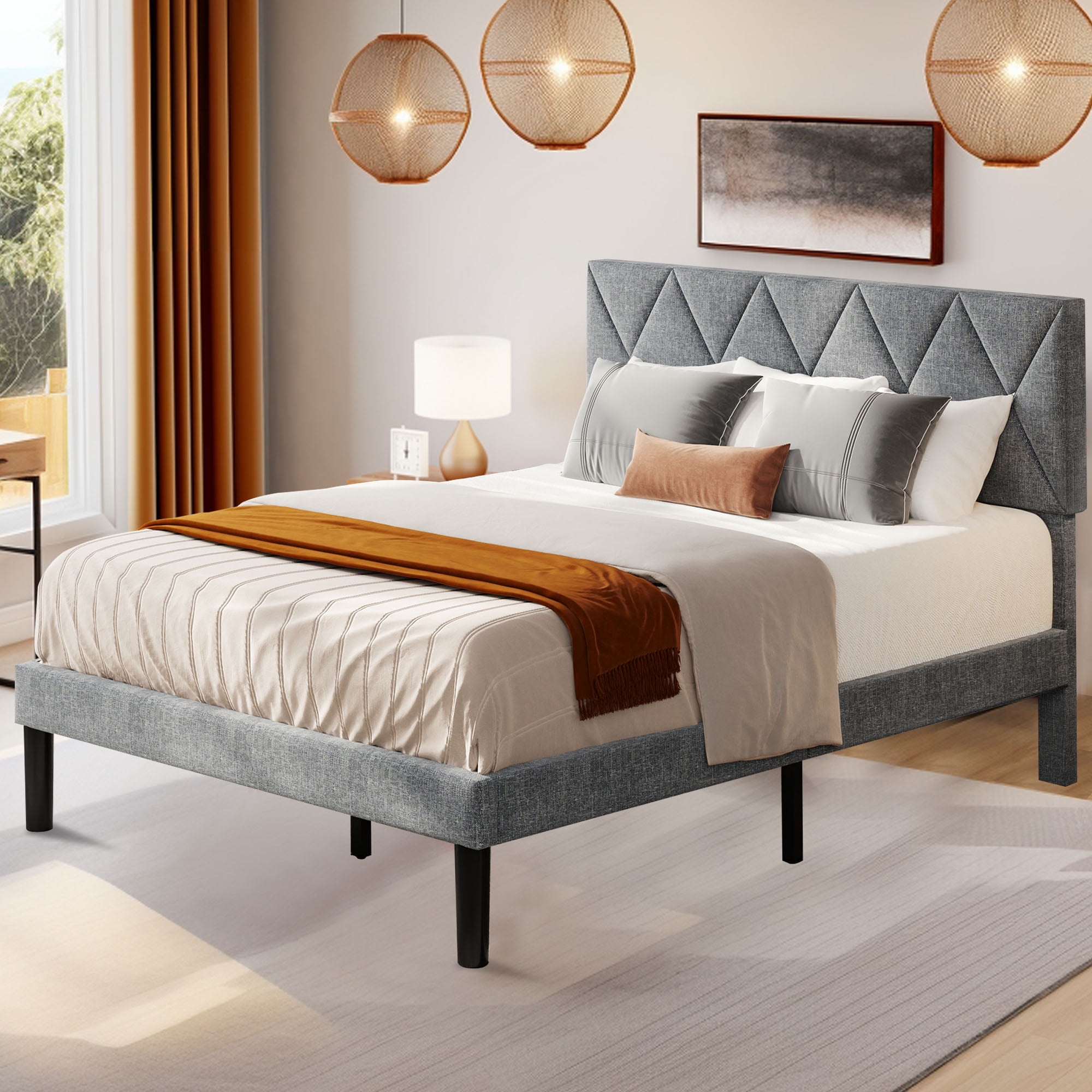 DWVO Queen Upholstered Bed Frame with Adjustable Headboard, Wooden ...