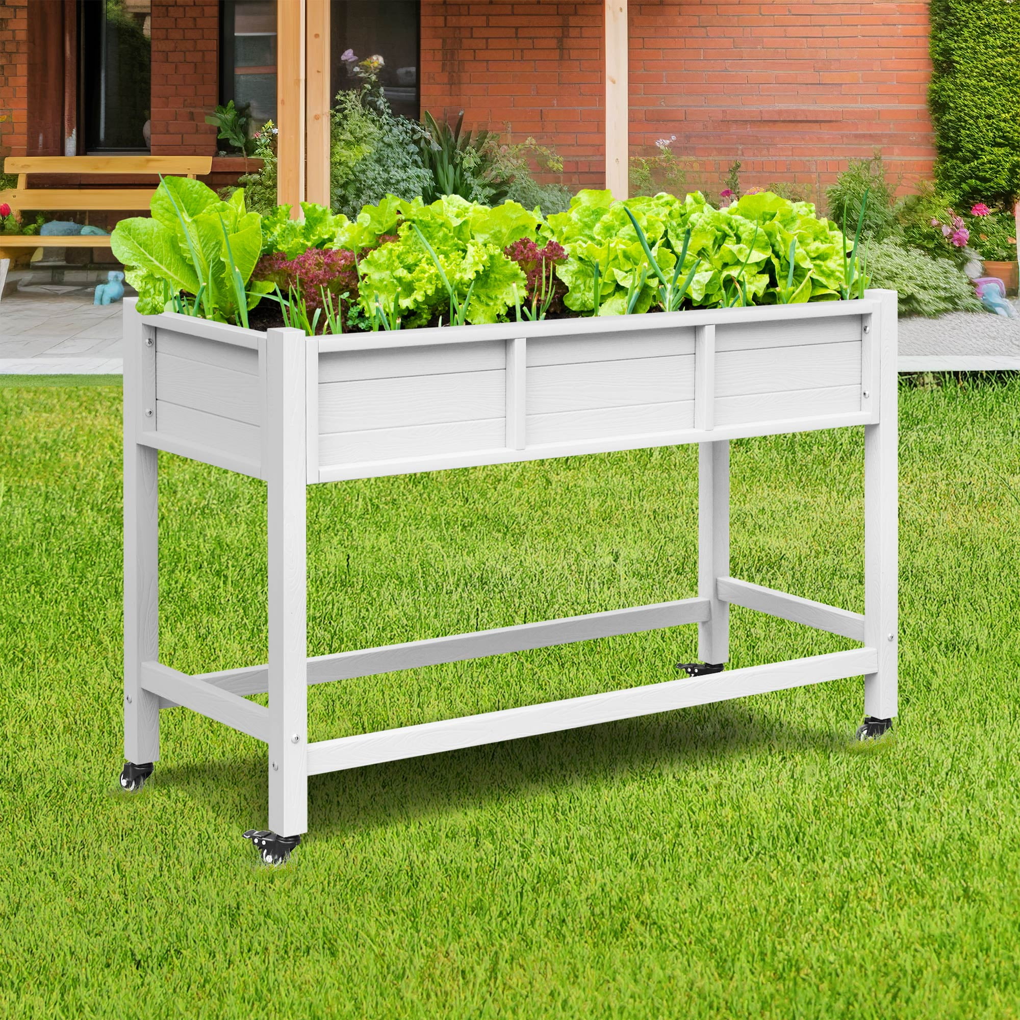 DWVO Outdoor Wood Planter Box, Raised Garden Bed on Lockable Wheels ...