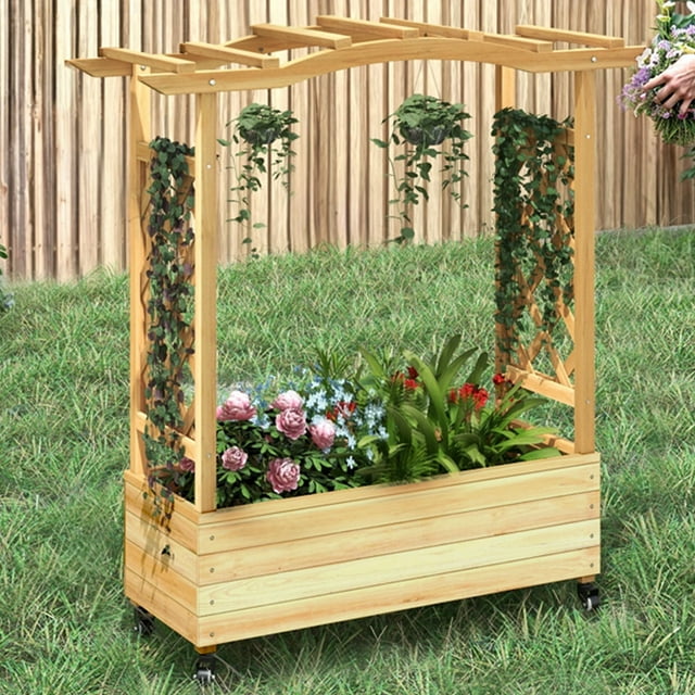 DWVO Raised Garden Bed with Trellis, Wooden Planter Box with Drainage ...