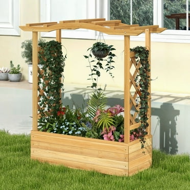 Gymax Raised Garden Bed w/ 2 Planter Boxes & Trellis Outdoor Wooden ...