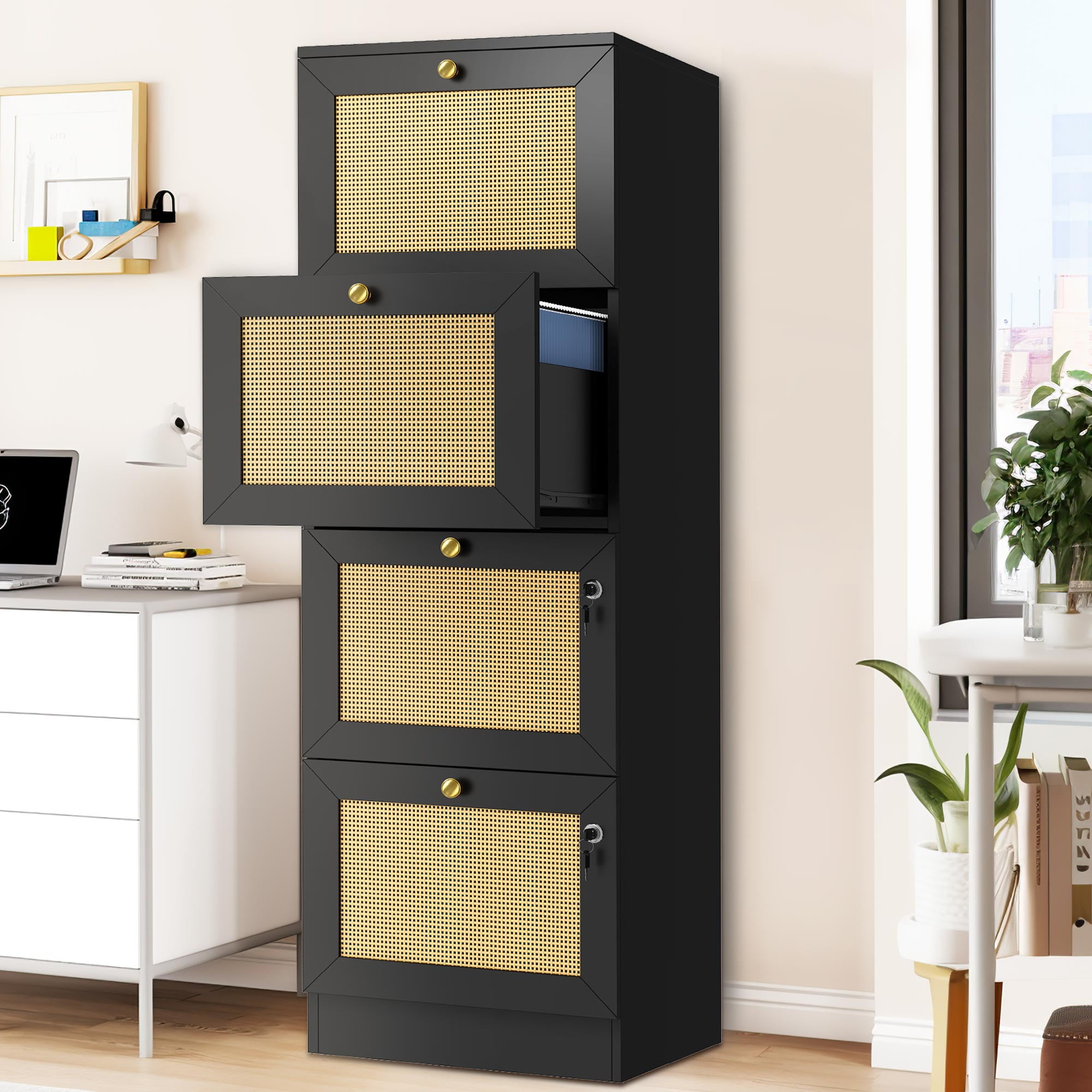 DWVO Rattan 4-Drawer Wood File Cabinet with Lock,15.82" Deep Vertical ...