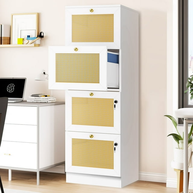 DWVO Decorative Rattan 4-Drawer Wood File Cabinet with Lock, Vertical ...