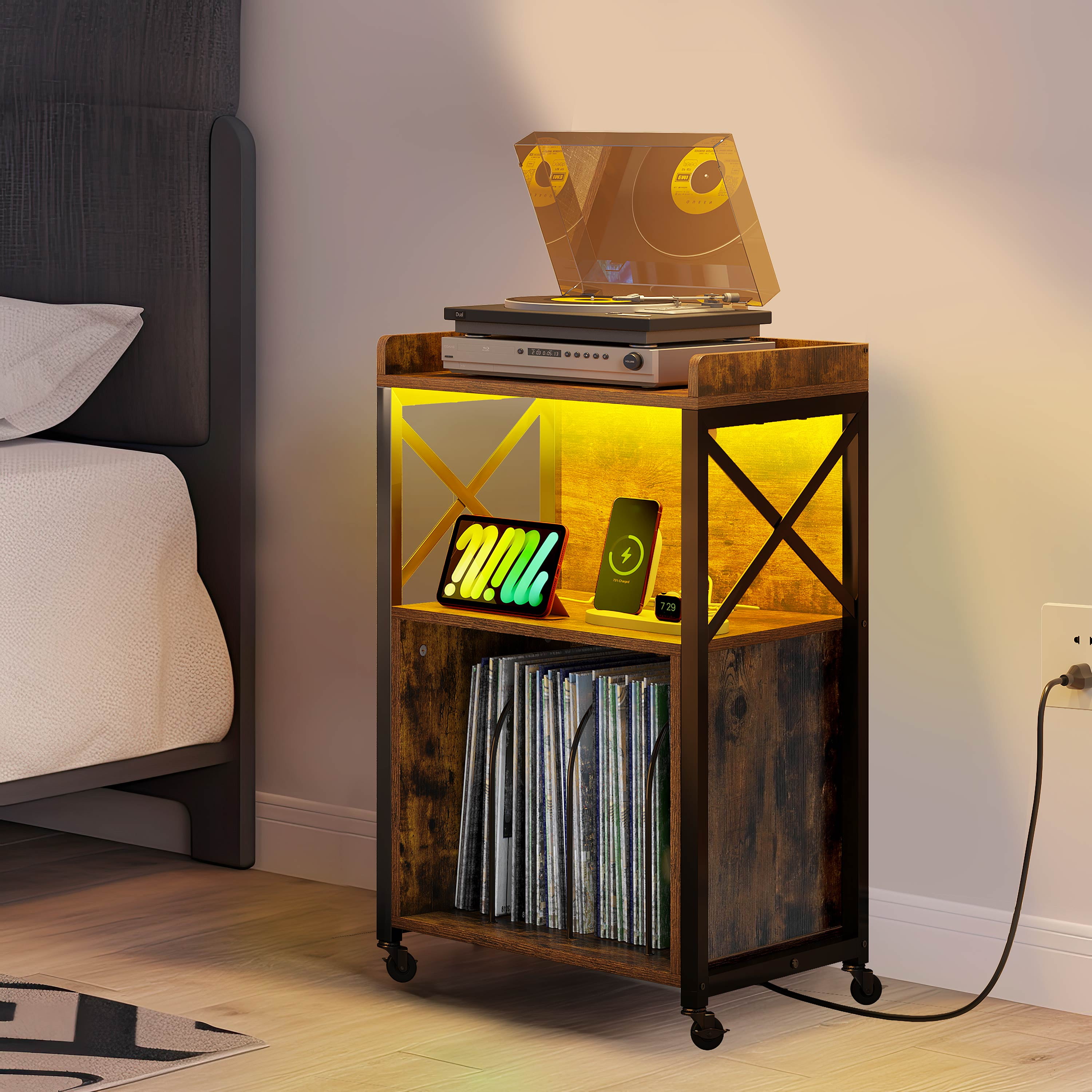DWVO Record Player Stand with Adjustable LED Lights, Turntable Stand ...