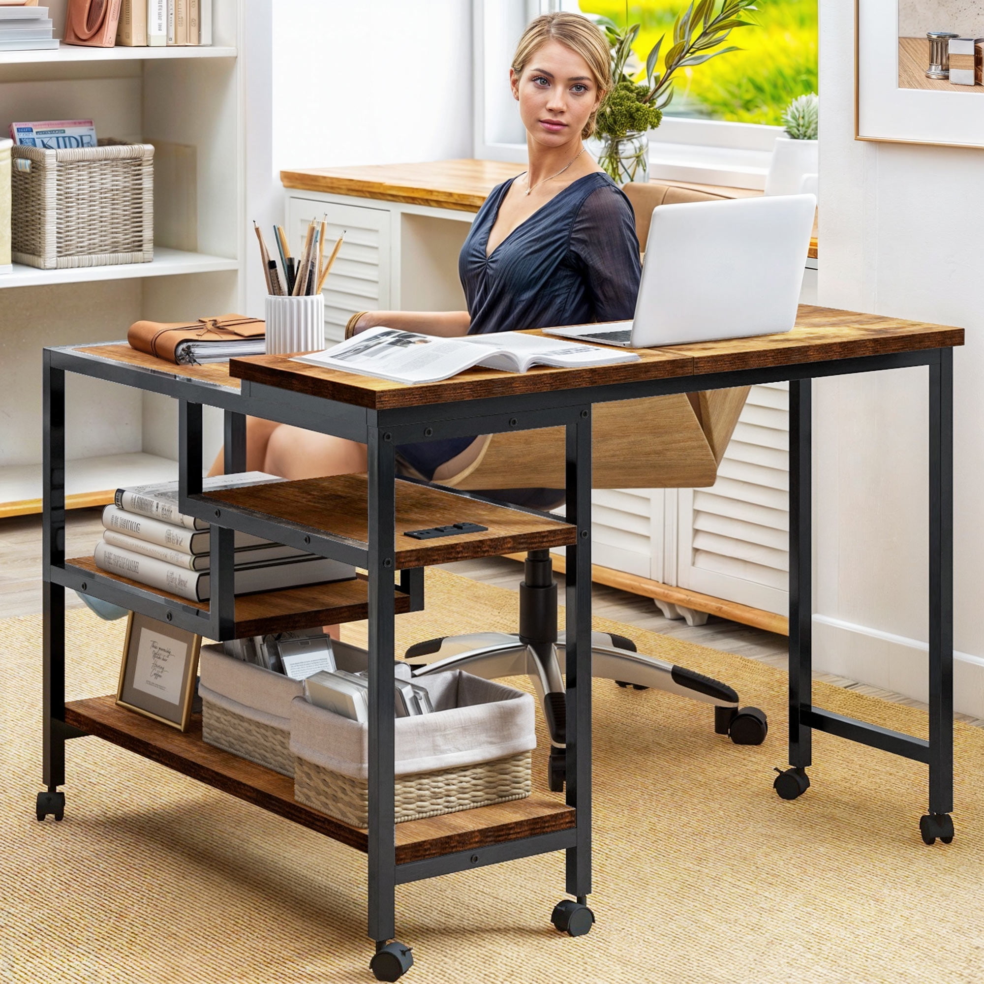 DWVO Rotating L-Shaped Writing Corner Desk with Storage Shelves and ...