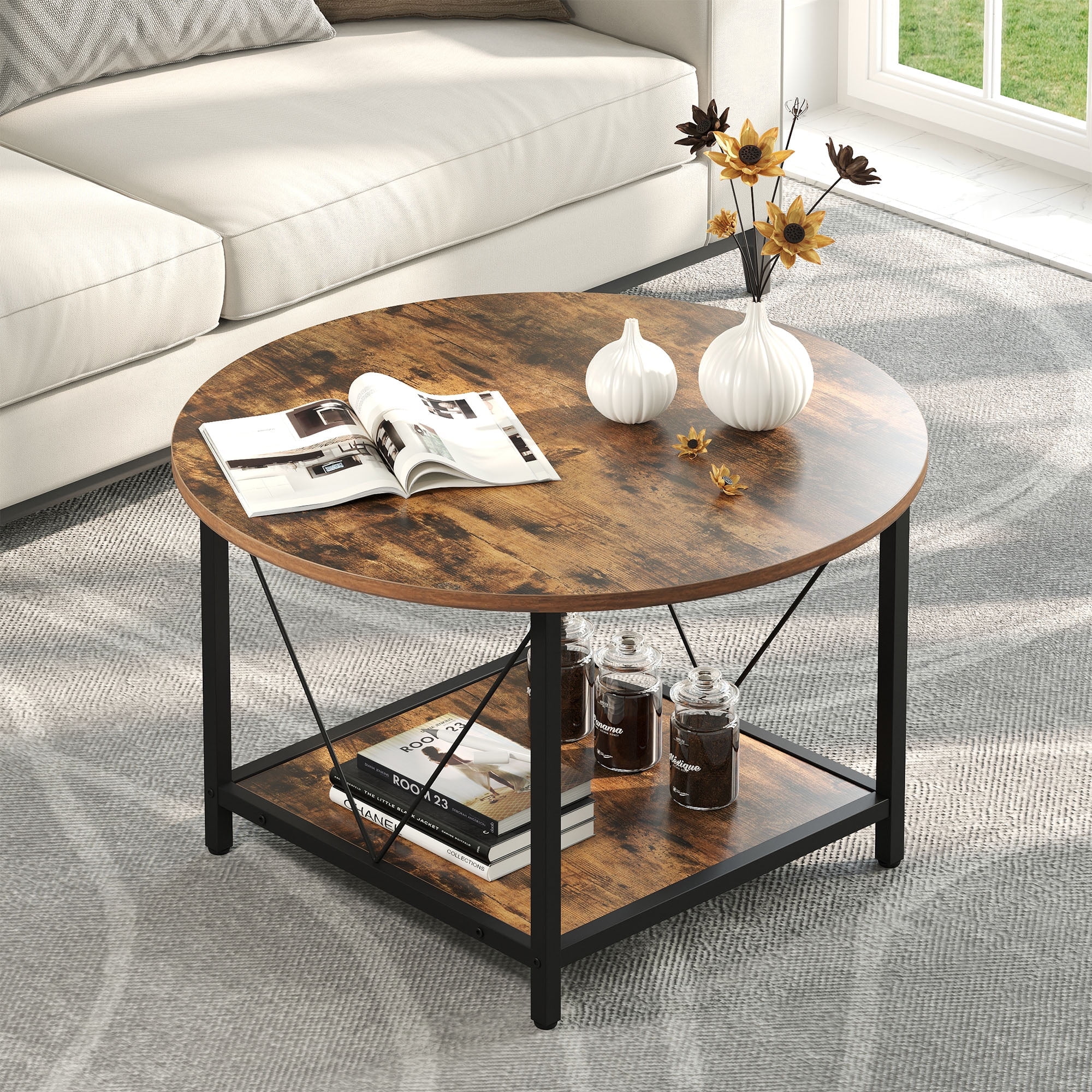 DWVO Round Coffee Table with Storage, Rustic Living Room Tables with ...