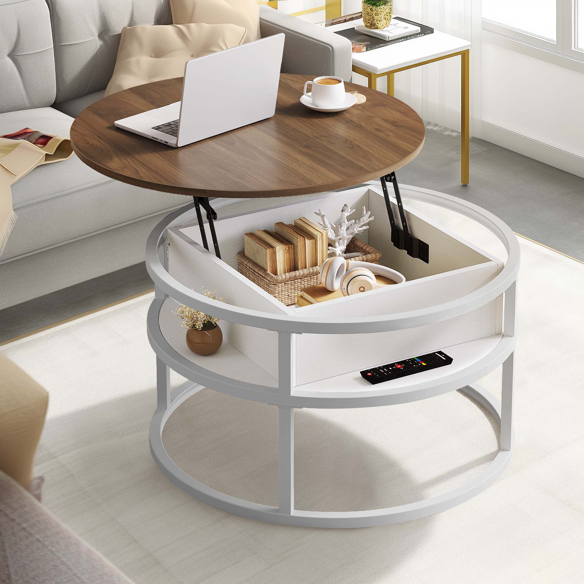 DWVO Smart Rising Round Lift Top Coffee Table, Sturdy Center Tables ...