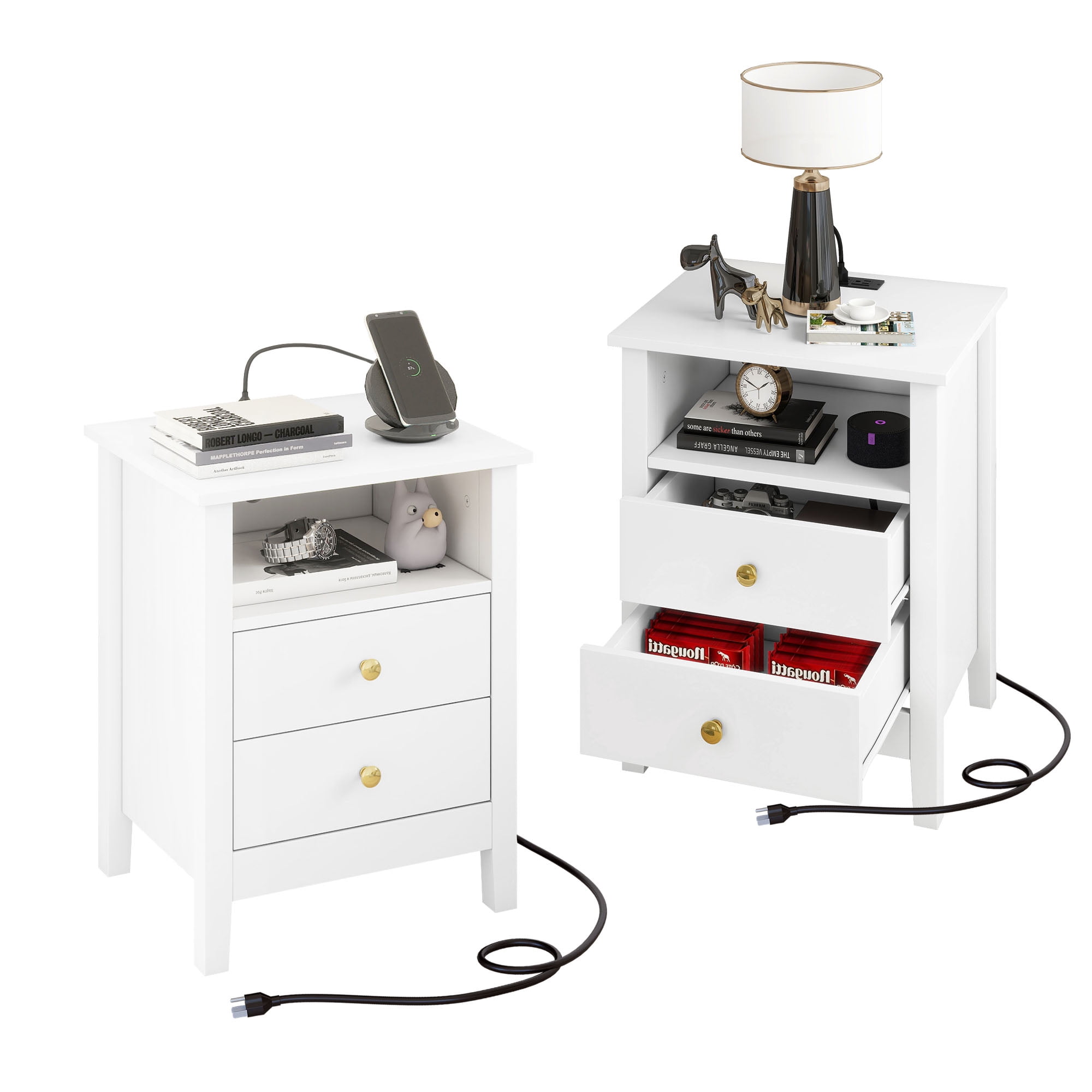 DWVO Pair of Bedroom Nightstands with USB Charging Station, Drawers and ...