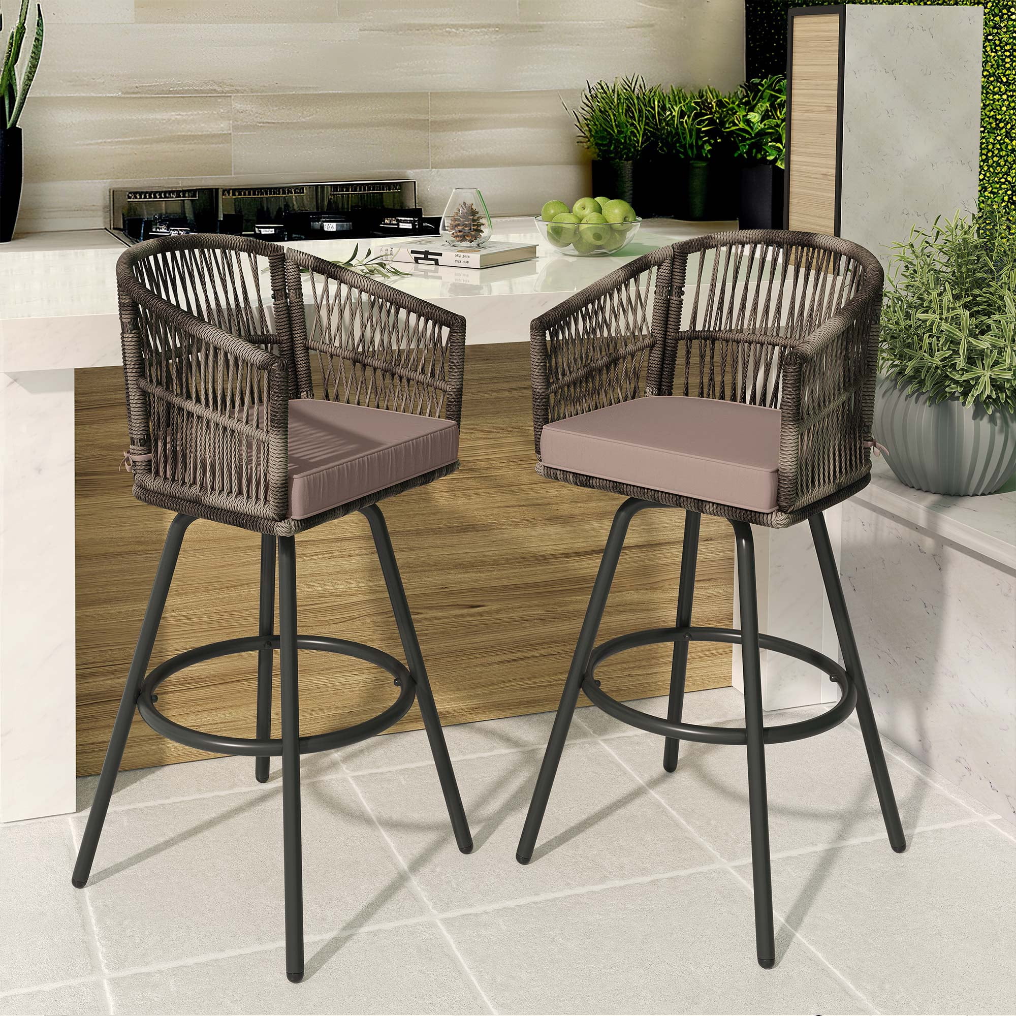 DWVO Set of 2 Woven Wicker Swivel Bar stools, Patio Bar Height Chairs w ...
