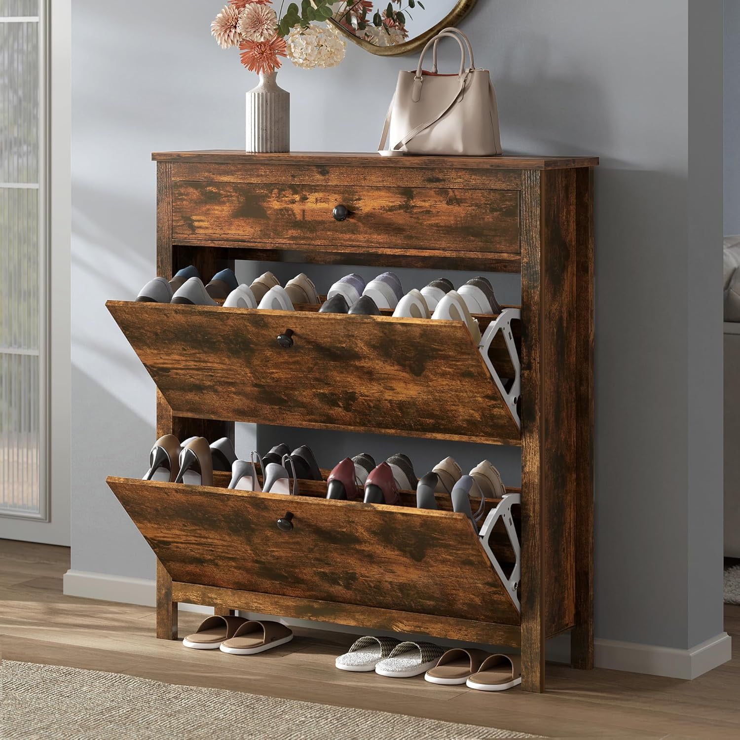 DWVO Shoe Cabinet with 2 Flip Drawer Slim Shoe Storage Cabinet with ...