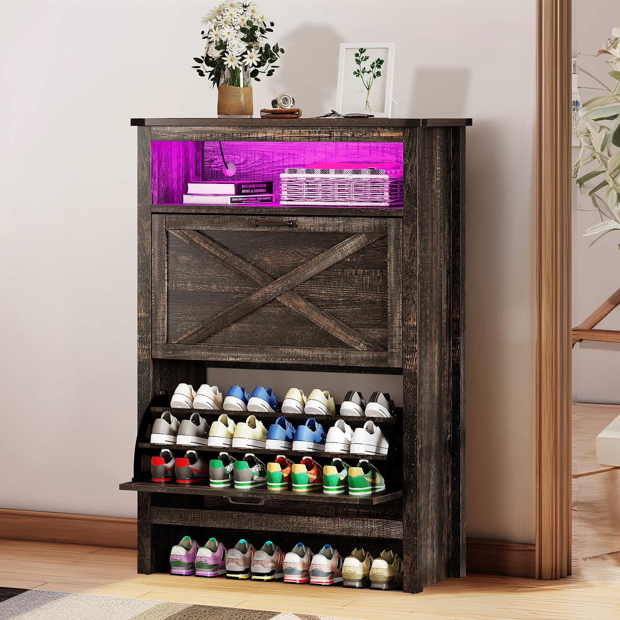 DWVO Shoe Cabinet with 2 Flip Drawers &Open Shelf &Led Light , Shoe ...