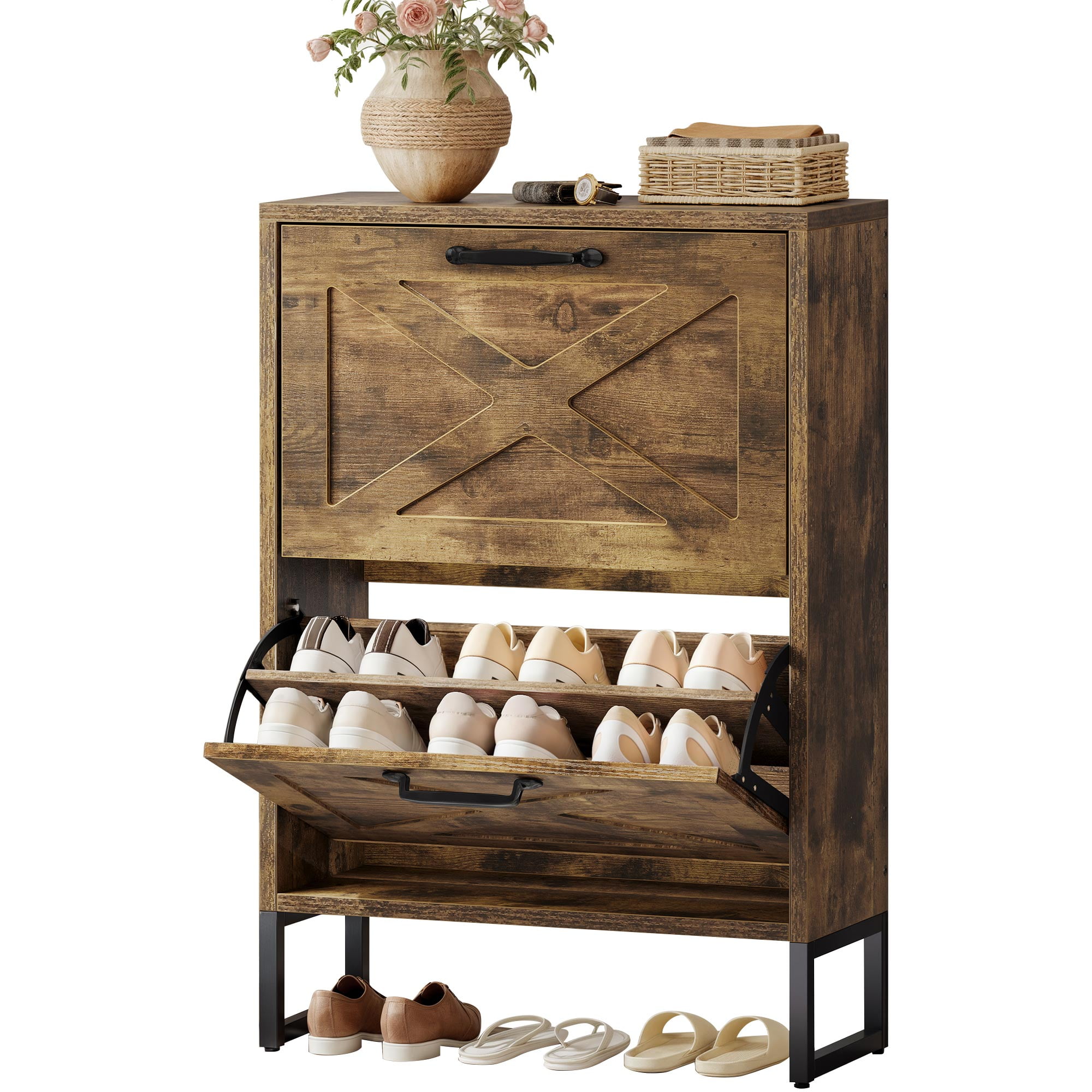 DWVO Shoe Storage Cabinet with 2 Flip Drawers, Farmhouse Wood Shoe ...