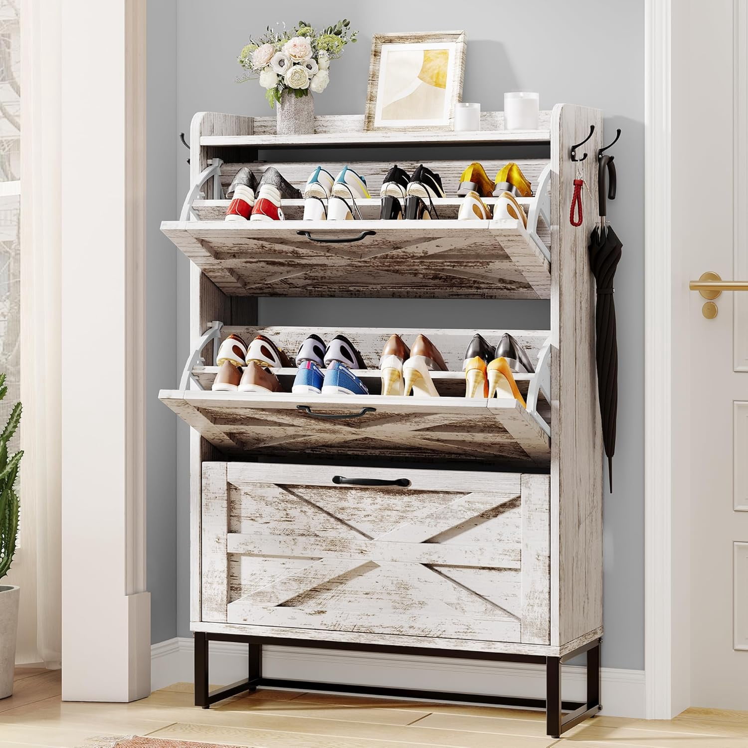 DWVO Shoe Storage Cabinet with 3 Flip Drawers, Narrow Slim Shoe ...