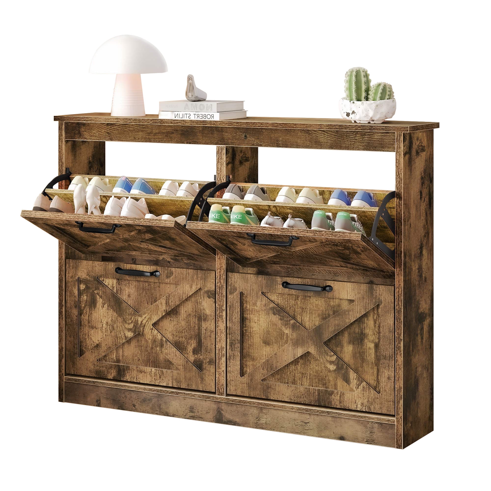 DWVO Shoe Storage Cabinet with 4 Flip Drawers, Farmhouse Wood Shoe ...