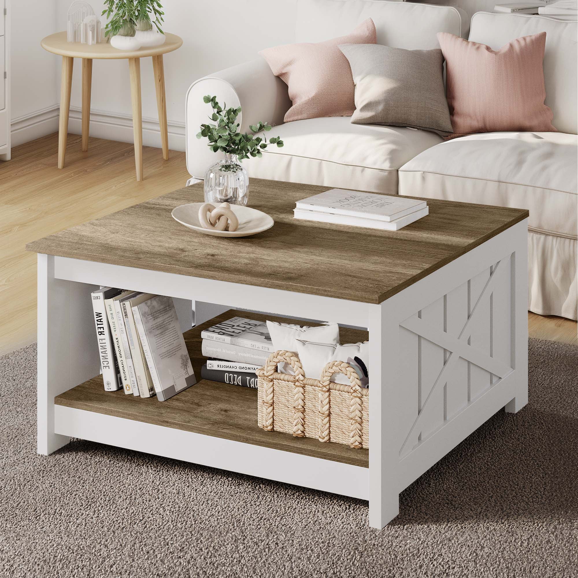 DWVO Square Coffee Table with Storage, Wood Farmhouse Coffee Table for ...