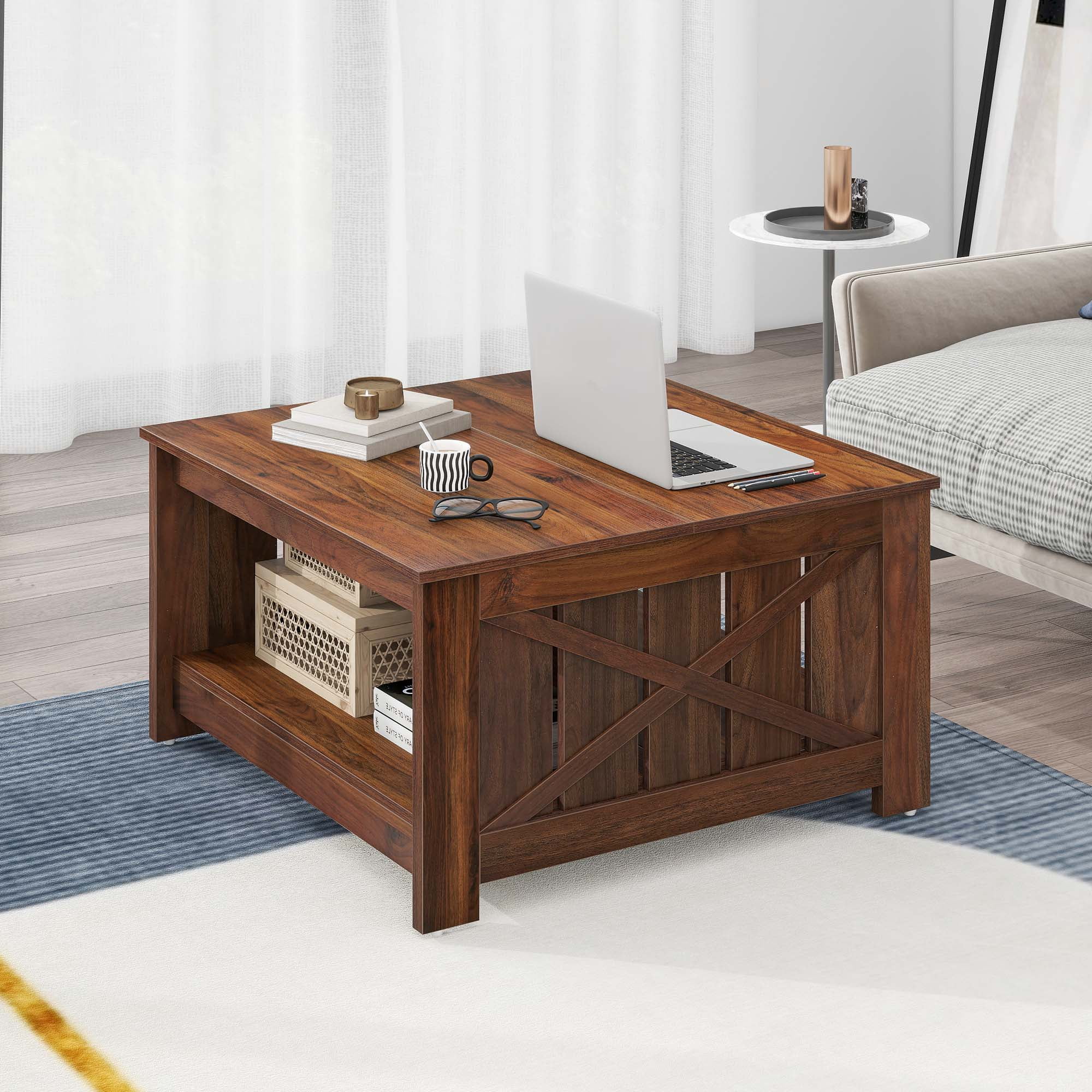 DWVO Square Coffee Table with Storage, Wood Farmhouse Coffee Table with ...