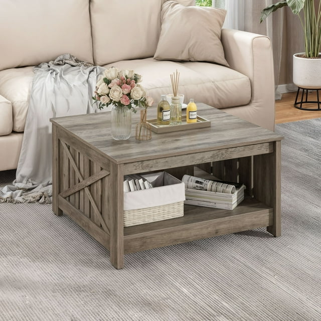 DWVO Rustic Wood Farmhouse Coffee Table with Barn Door, Storage ...