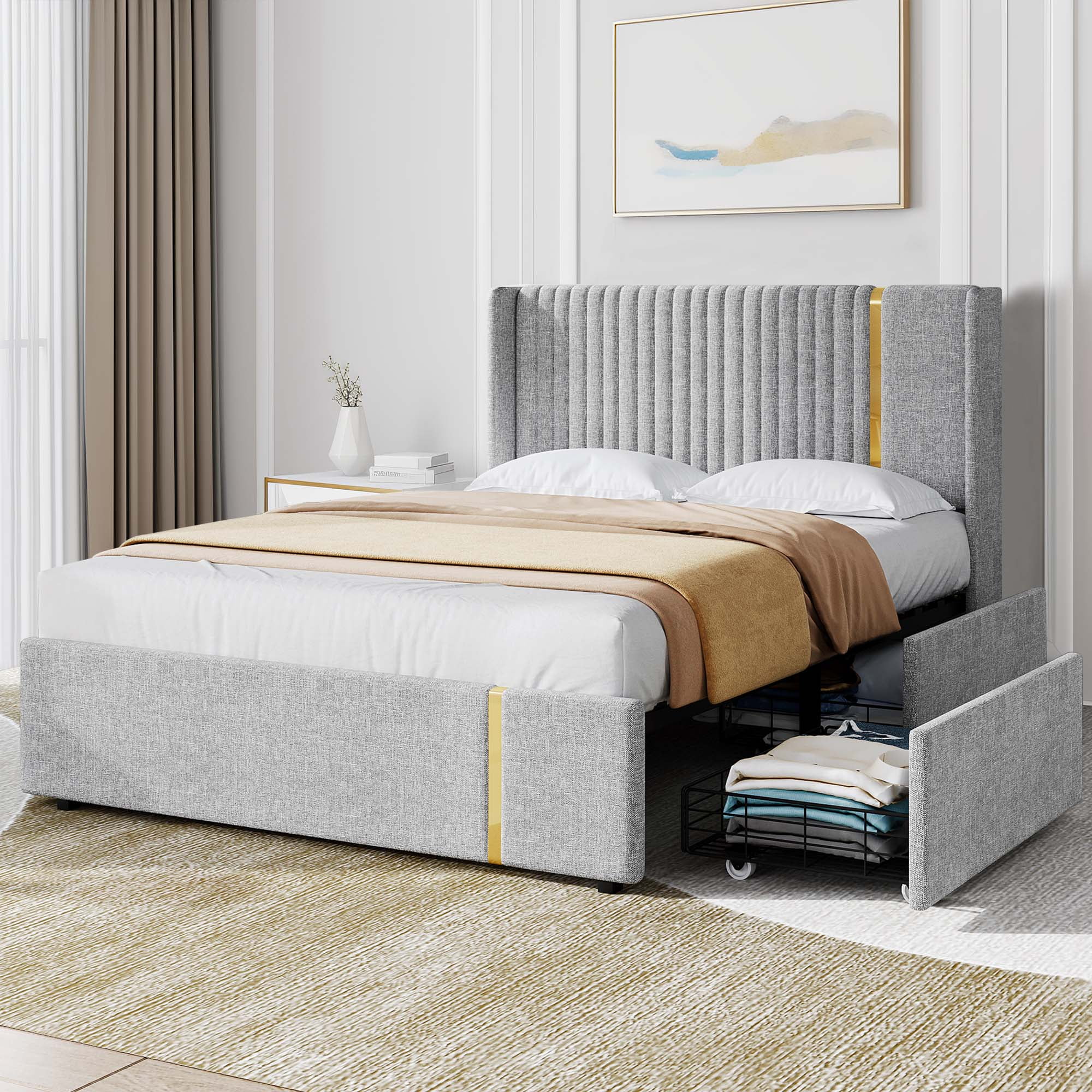 DWVO Upholstered Full Size Bed Frame with Storage, Wingback Platform ...