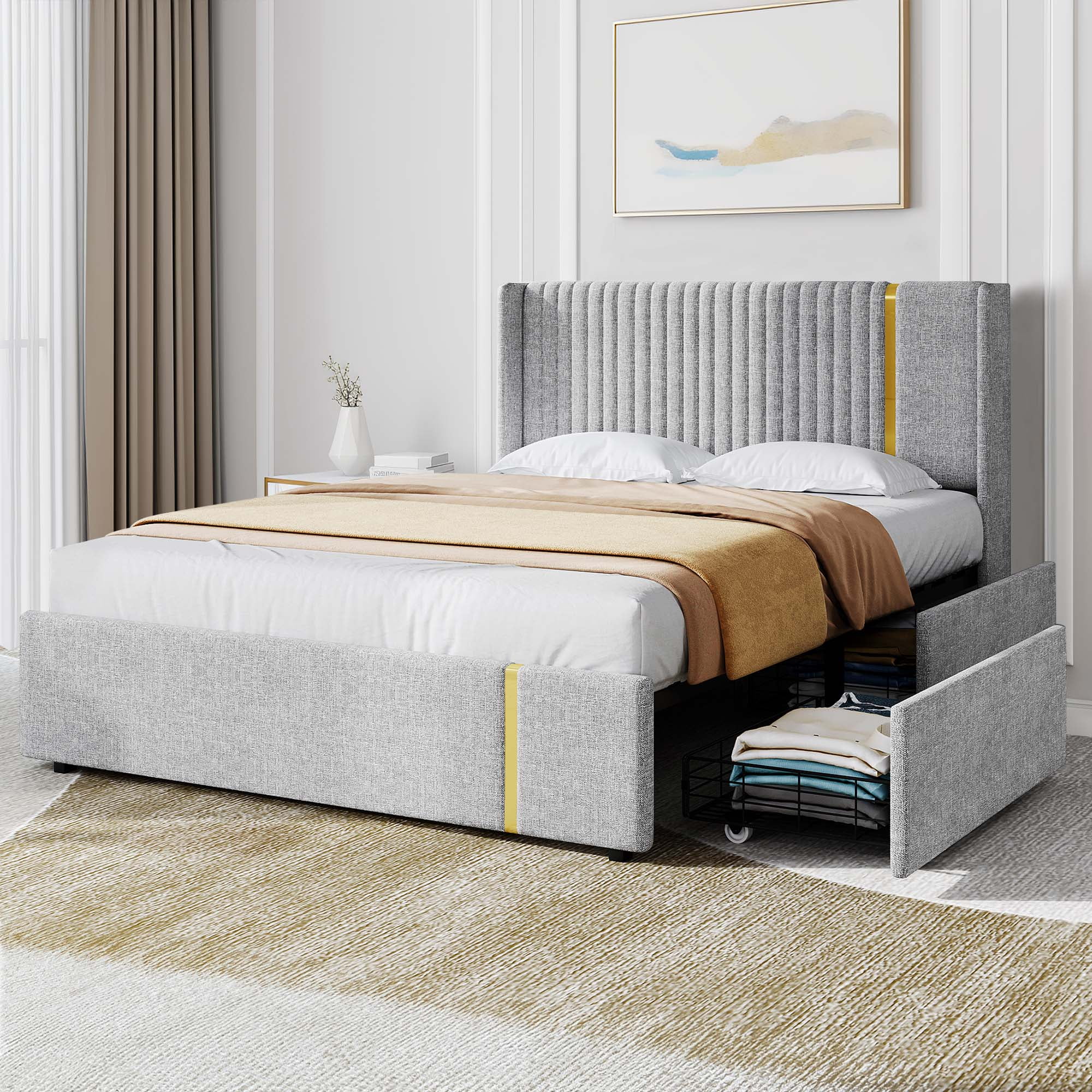 DWVO Upholstered Queen Bed Frame with Storage, Wingback Platform Bed ...