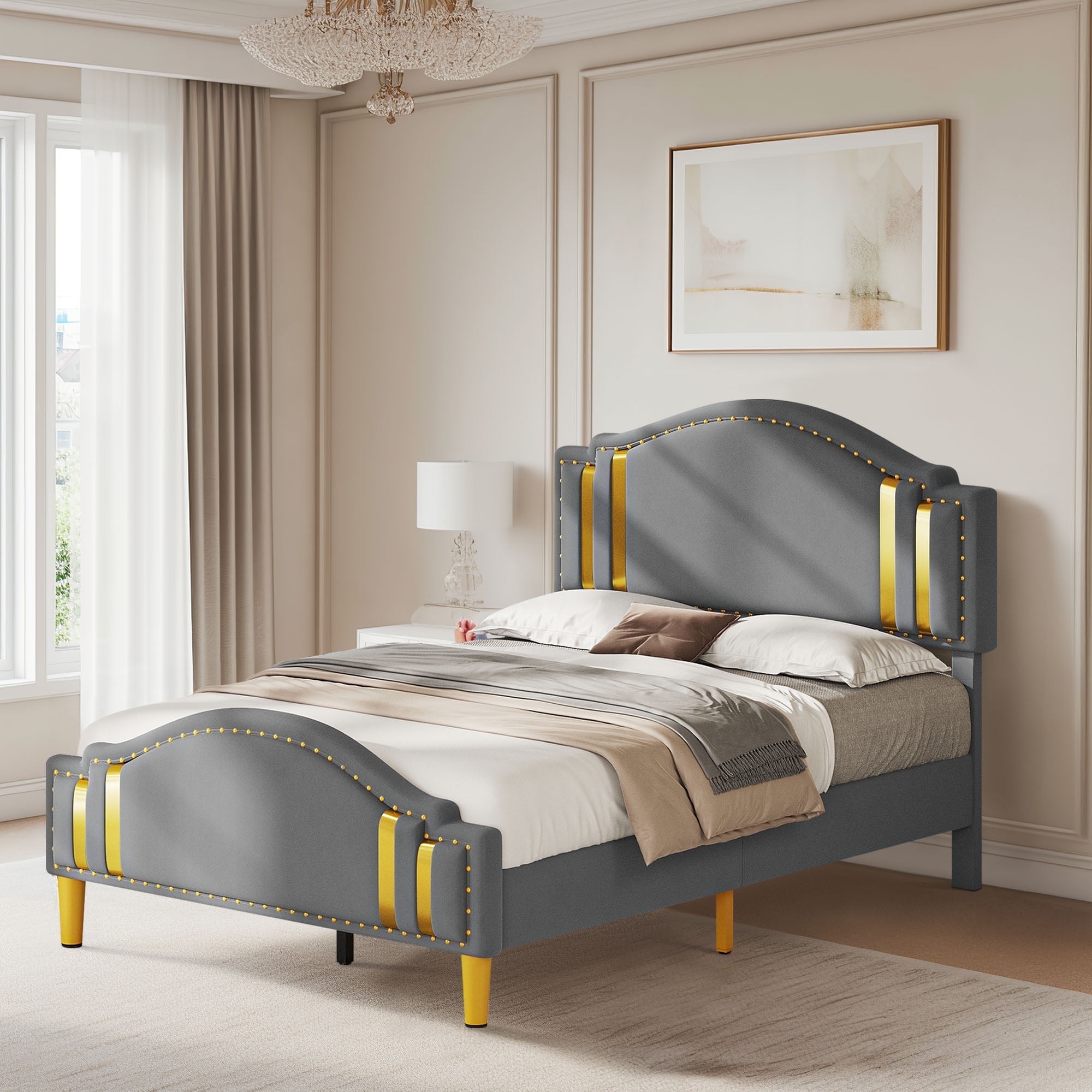 DWVO Upholstered Wingback Bed, Queen Bed Frame with Wood Slat, No Box ...