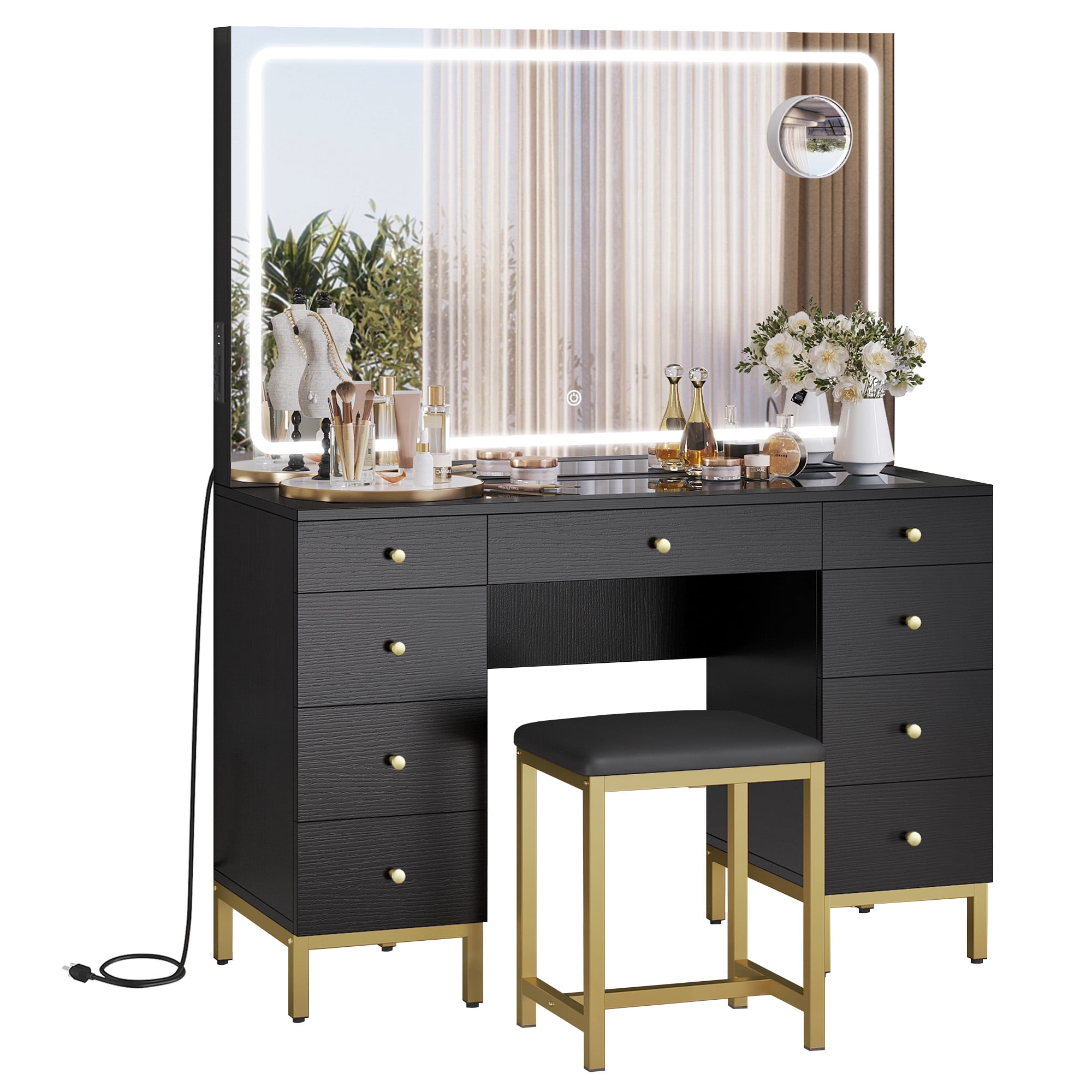 DWVO Vanity Table Set with 3 Color Lighted Mirror & Charging Station ...