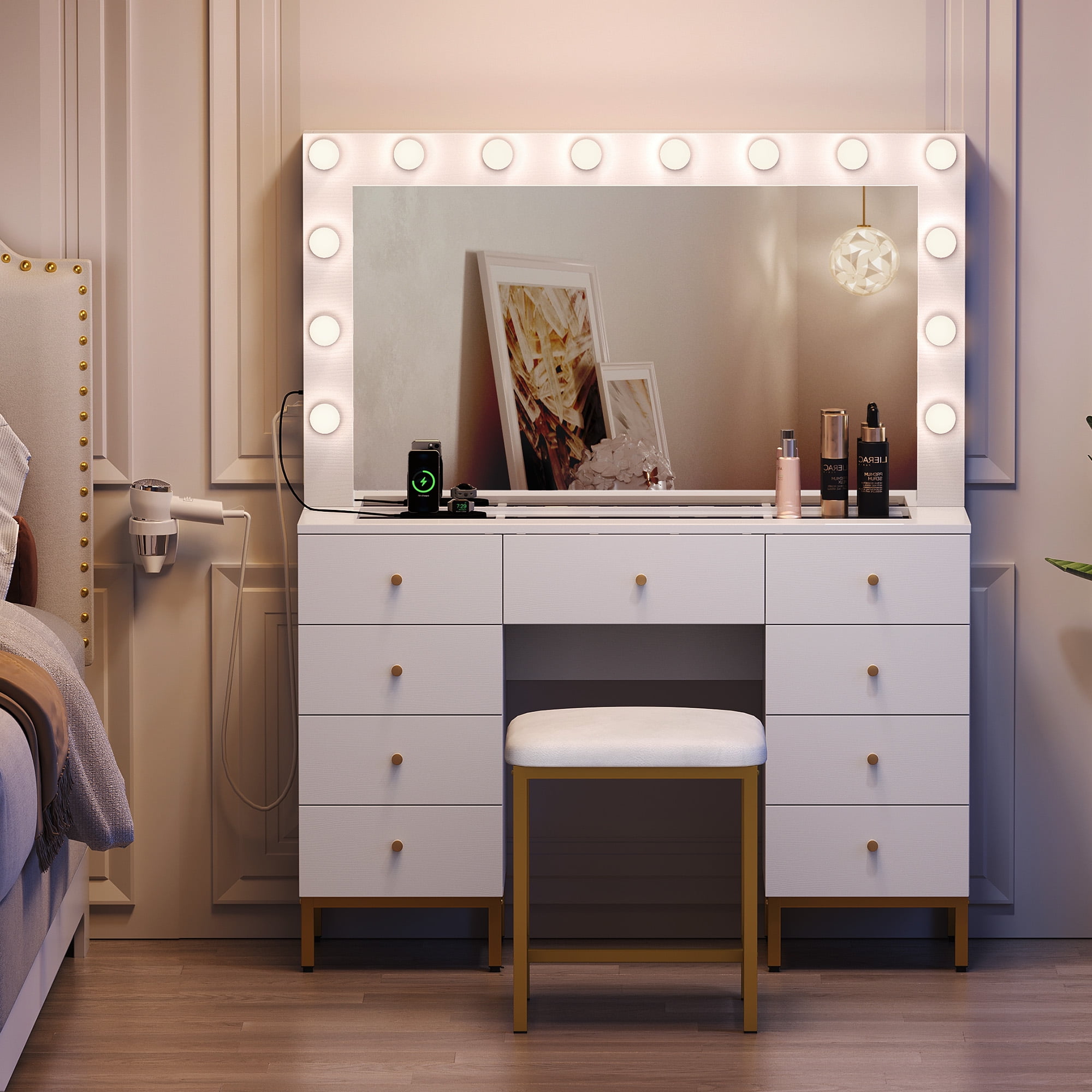 DWVO Vanity Table Set with 3 Color Lighted Mirror & Charging Station ...