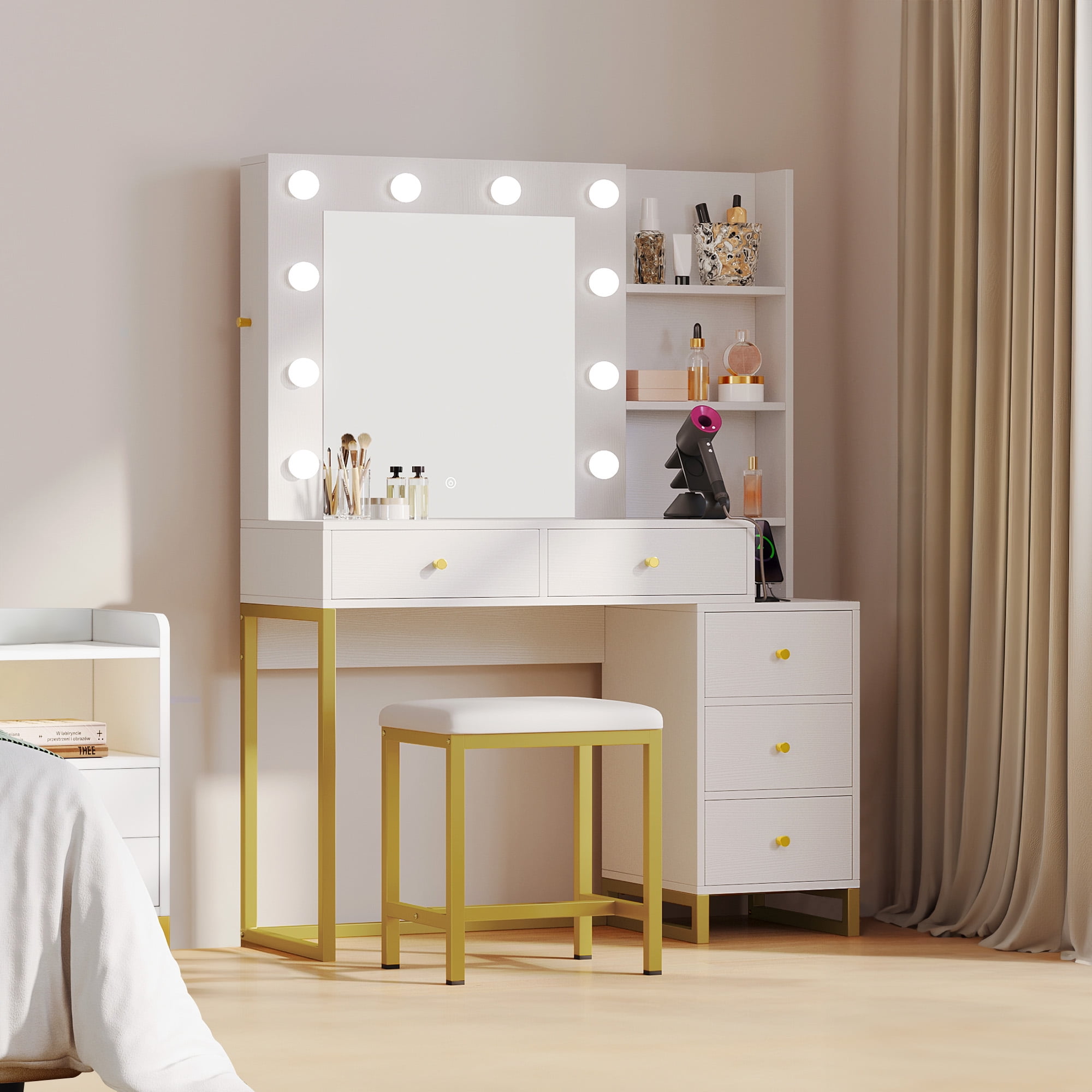 DWVO Vanity Set with Lighted Mirror, Charging Station, Drawers & Stool ...