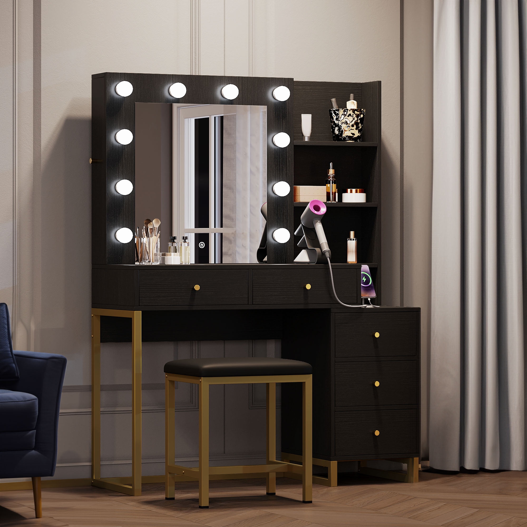 DWVO Vanity Table Set with 3 Color Lighted Mirror & Stool,Dressing ...