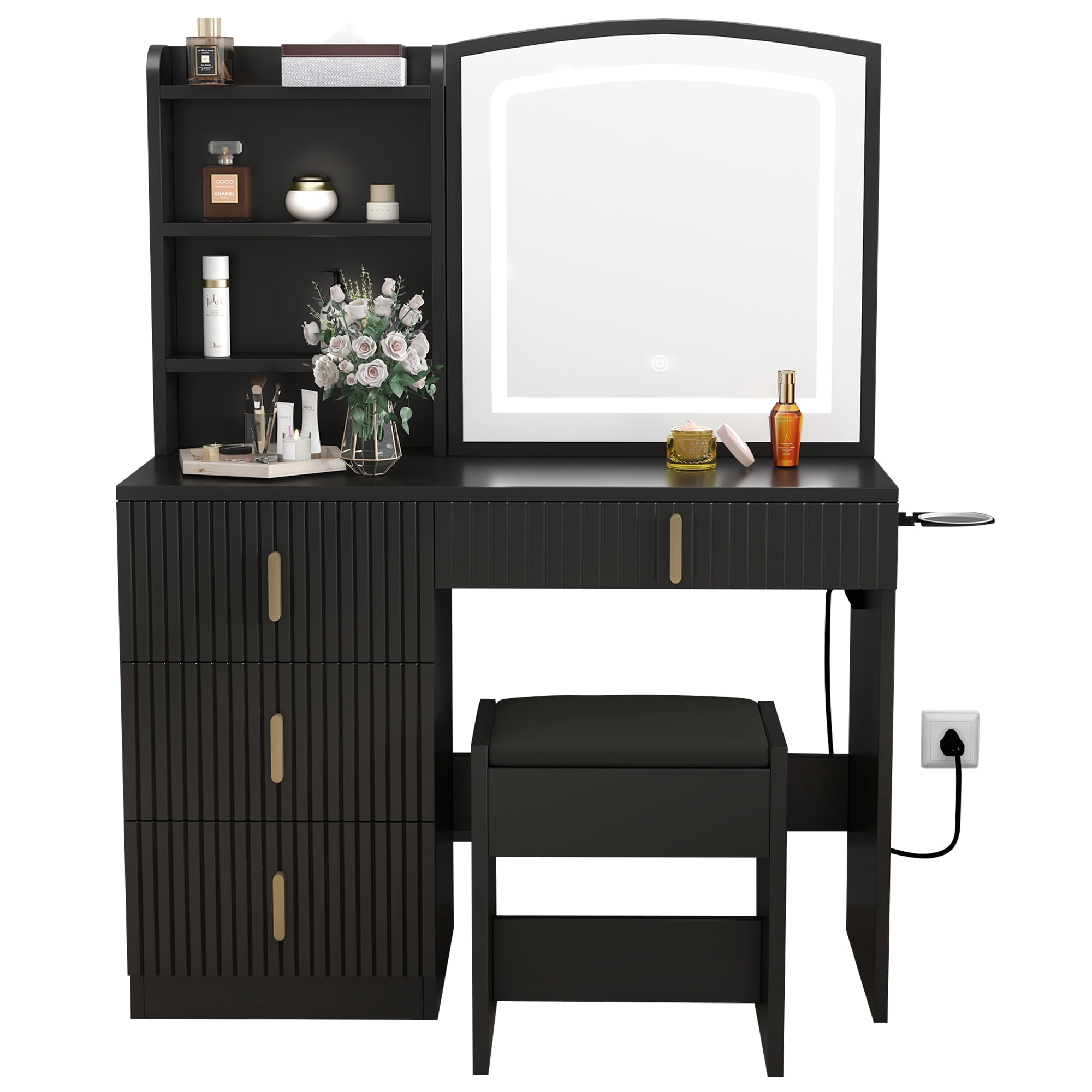 DWVO Vanity Table Set with LED Lighted Mirror & Stool, Dressing Table ...