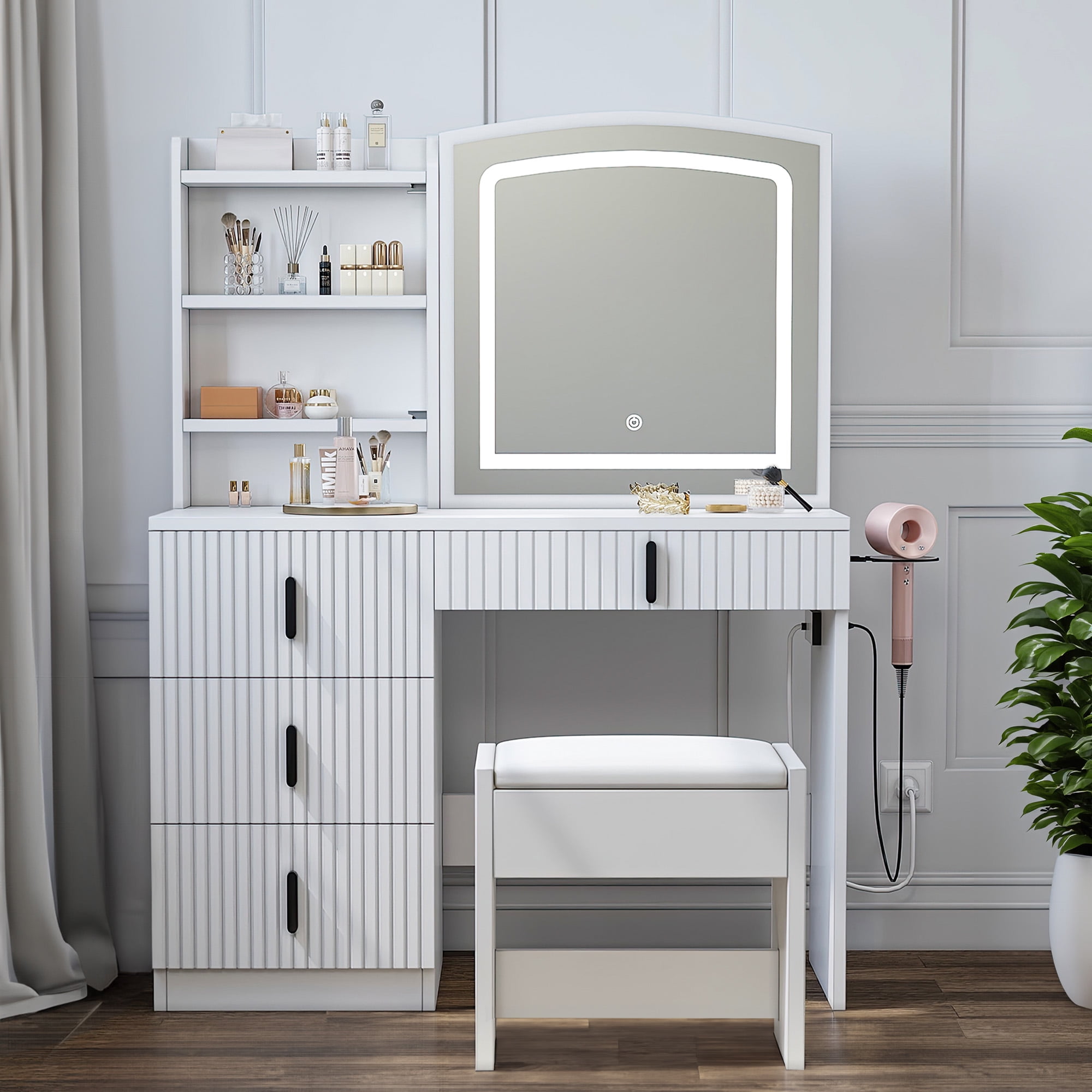 DWVO Vanity Table Set with LED Lighted Mirror & Stool, Dressing Table ...