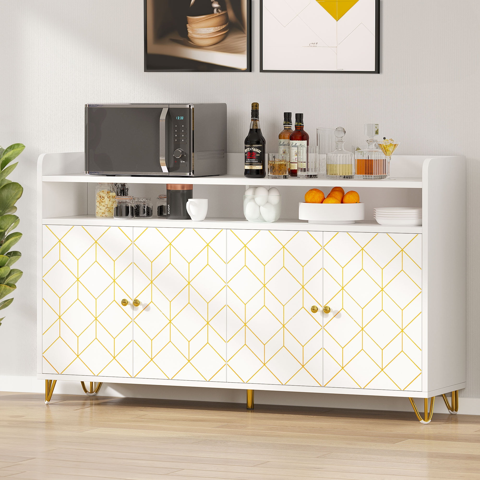 DWVO White Gold Buffet Cabinet with Storage Kitchen Sideboard Storage ...