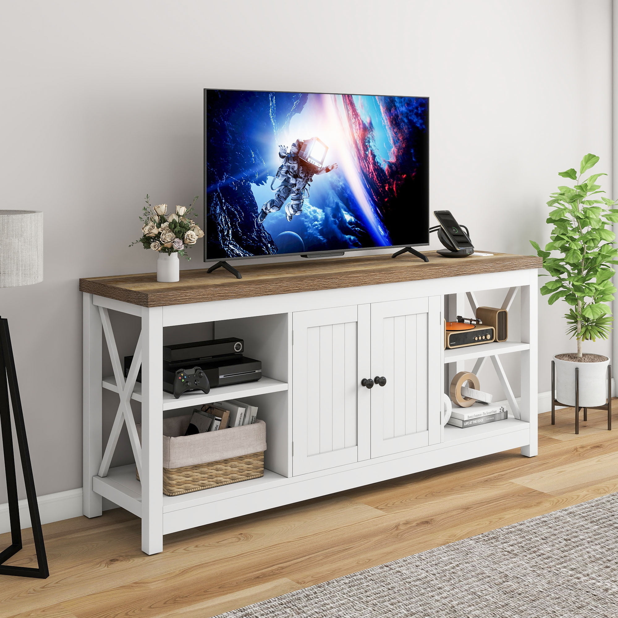 DWVO White TV Stand up to 65 Inches w/Power Outlets, Farmhouse ...