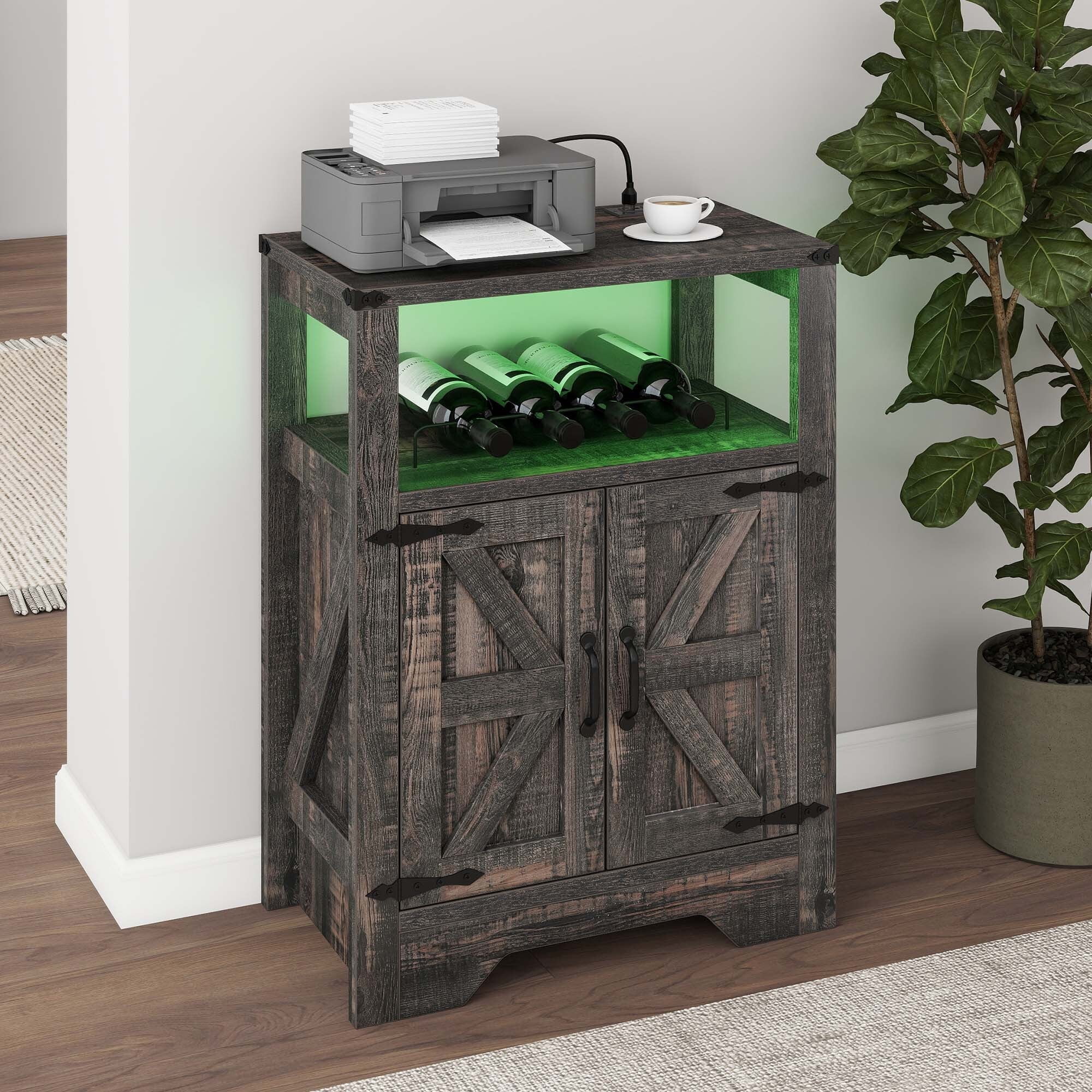 DWVO 31.5" Farmhouse Wine Cabinet Table with LED Lights, Black & Oak ...
