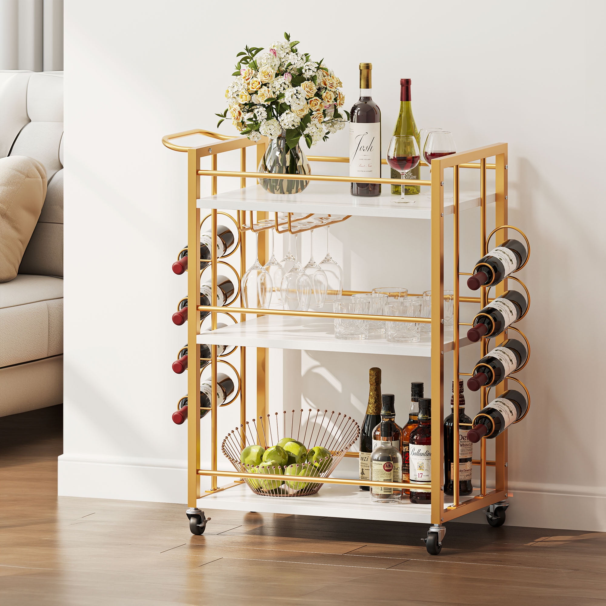 DWVO Wine Bar Cart, Small Rolling Serving Cart with Wine Rack and Glass ...
