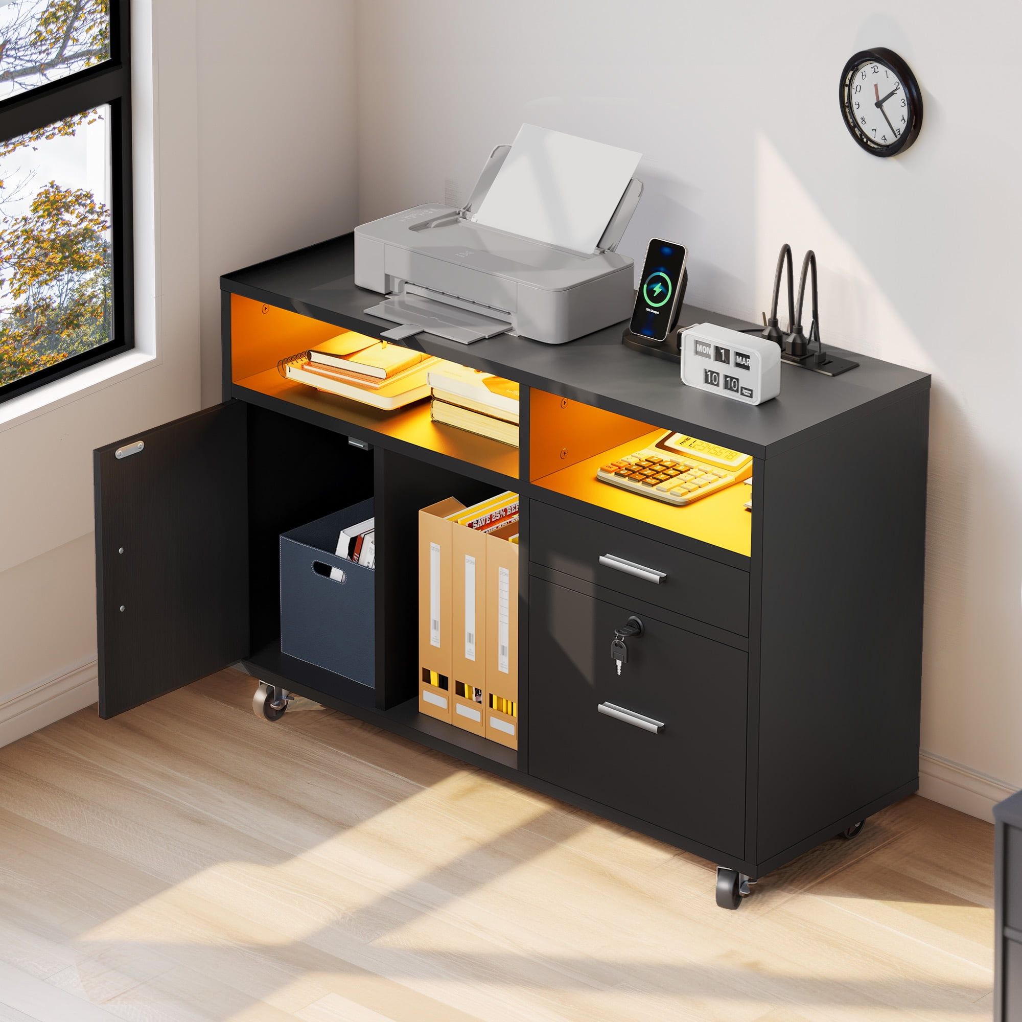 DWVO Wood File Cabinet with LED Light and Lock, 2 Drawer Mobile Lateral ...