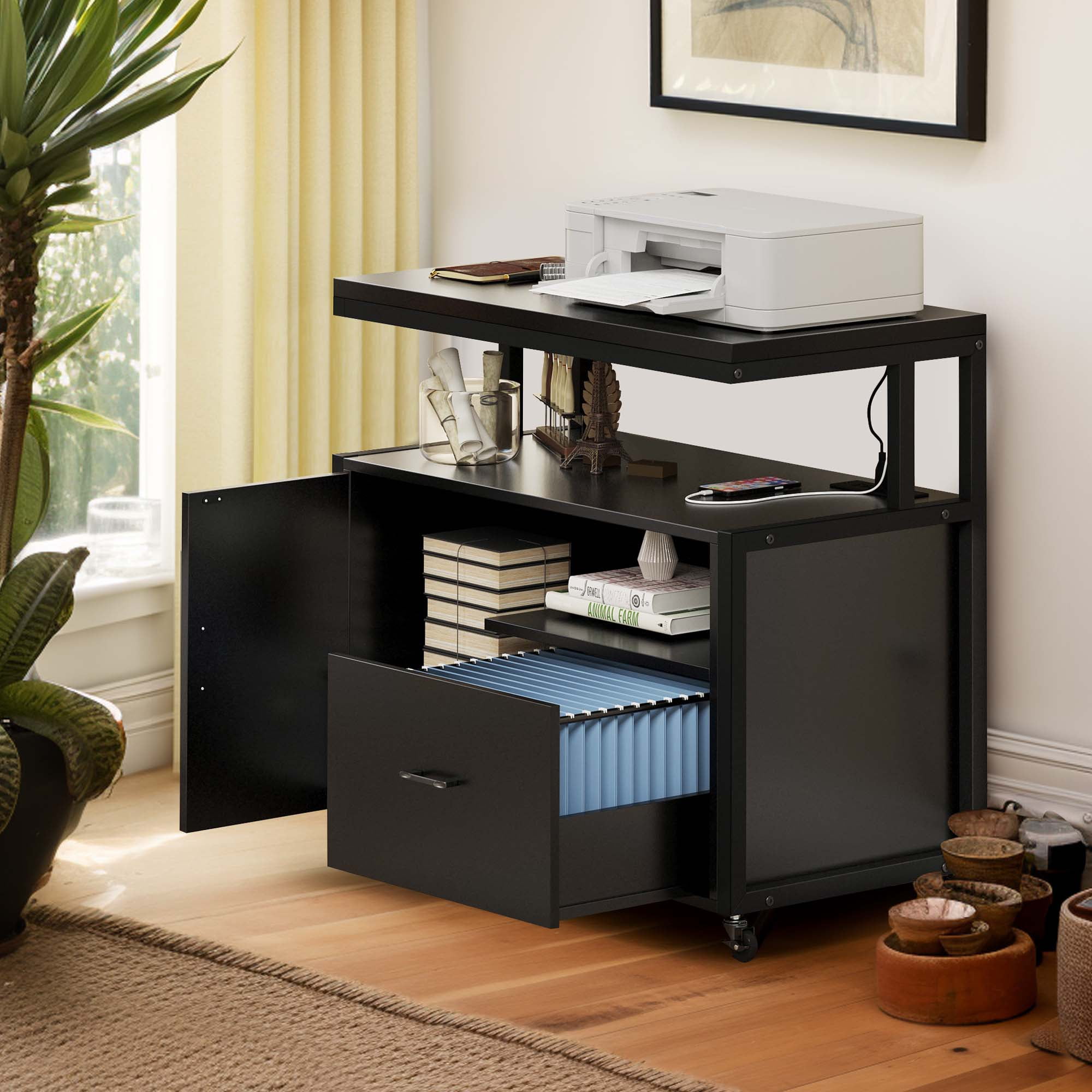 DWVO Wood File Cabinet with Charging Station, Rolling Lateral Filing ...