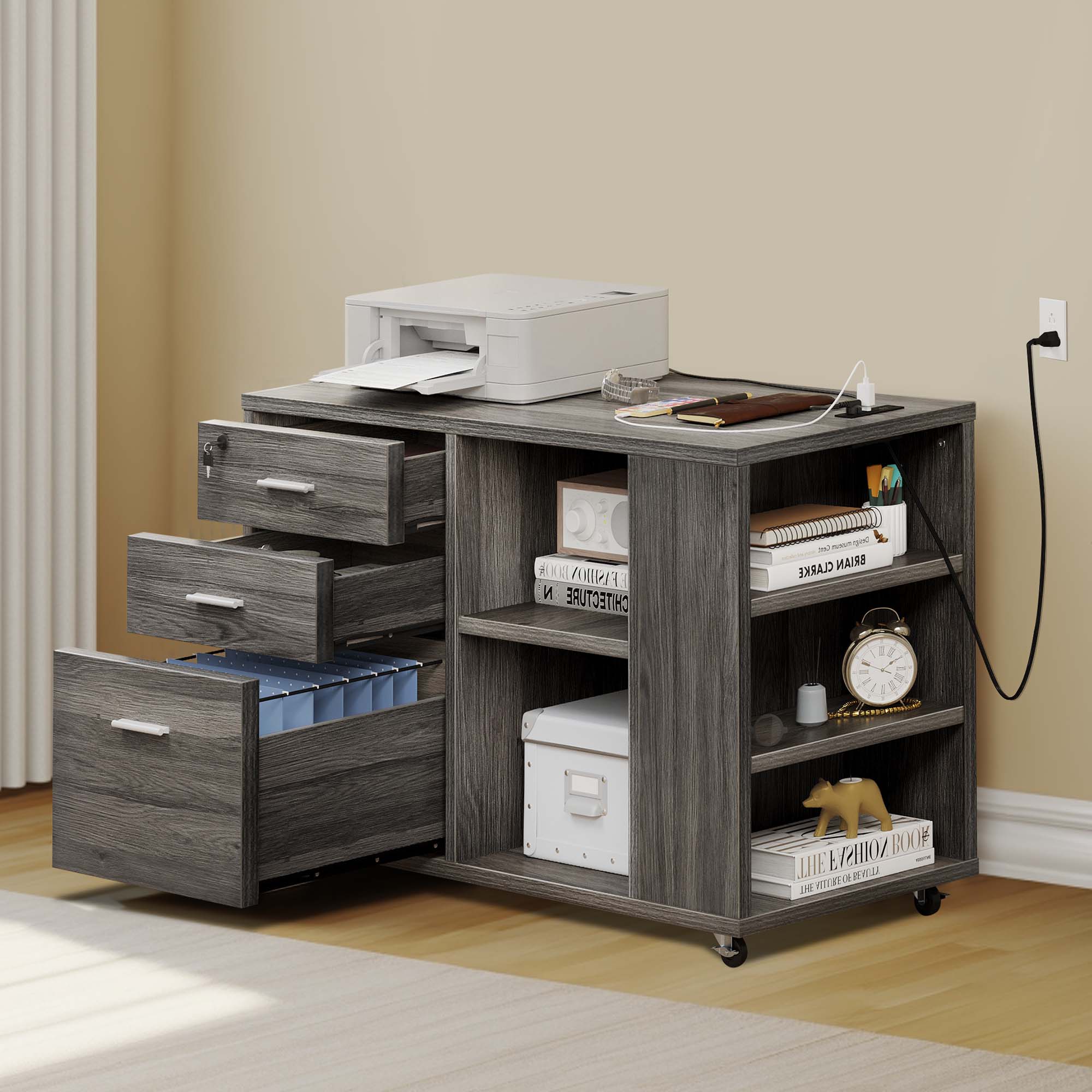 DWVO Wood Lateral File Cabinet with Charging Station and Lock for Home ...