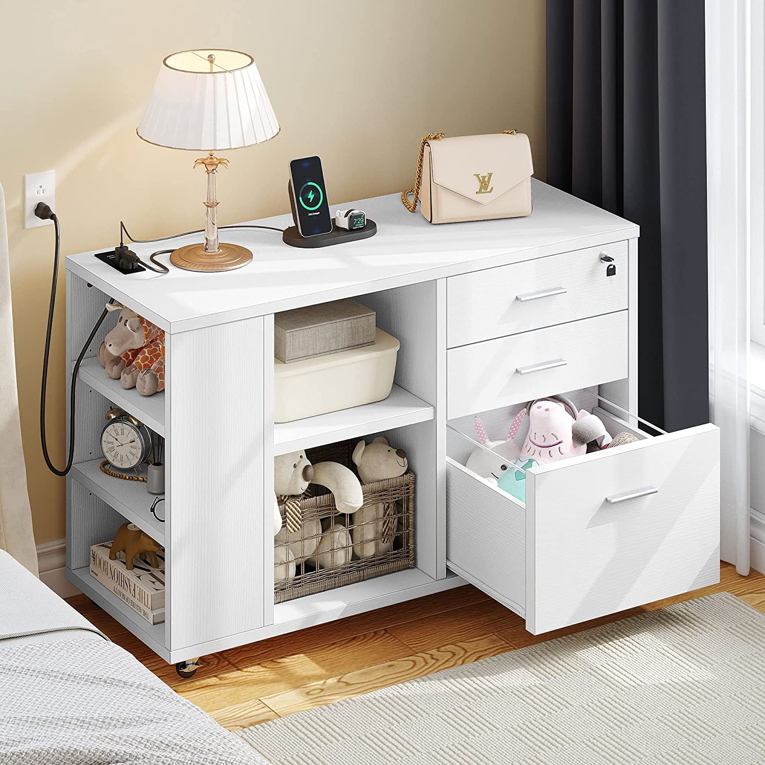 DWVO Wood Lateral File Cabinet with Charging Station and Lock for Home ...