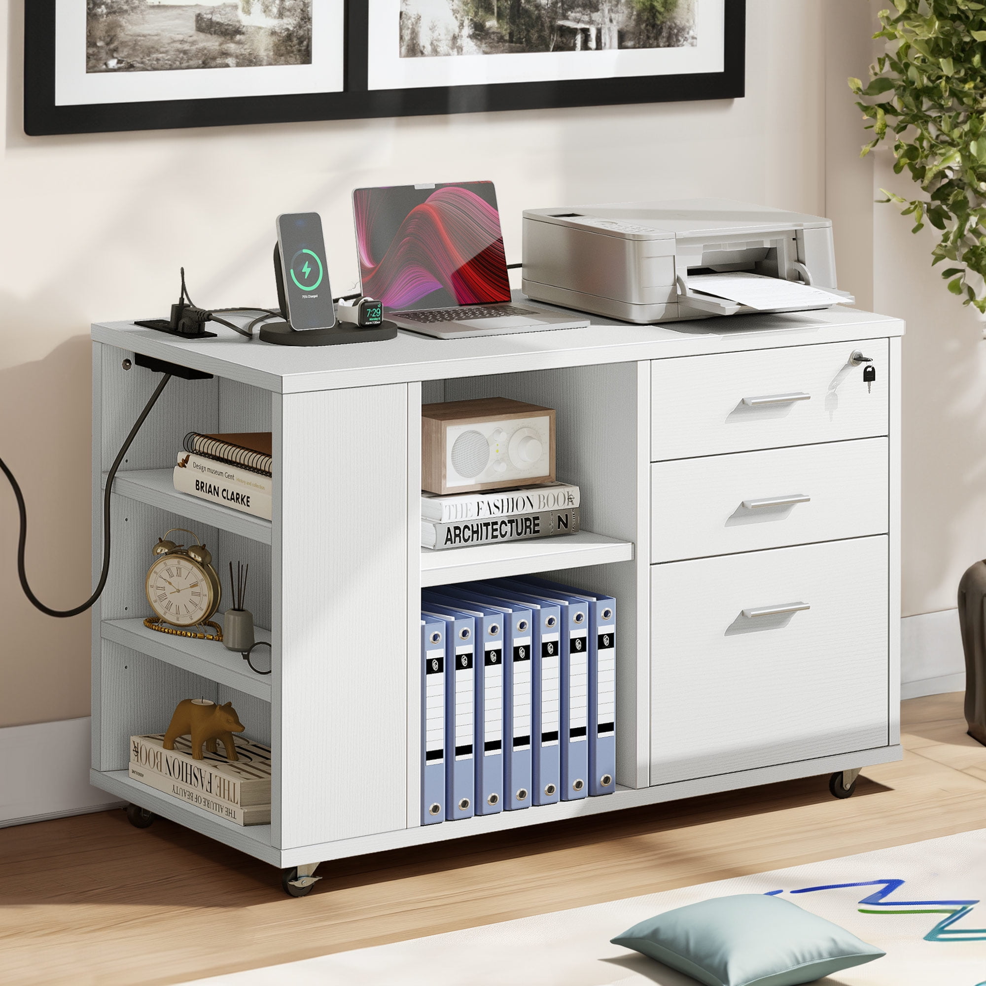 DWVO Wood Lateral File Cabinet with Charging Station and Lock for Home ...