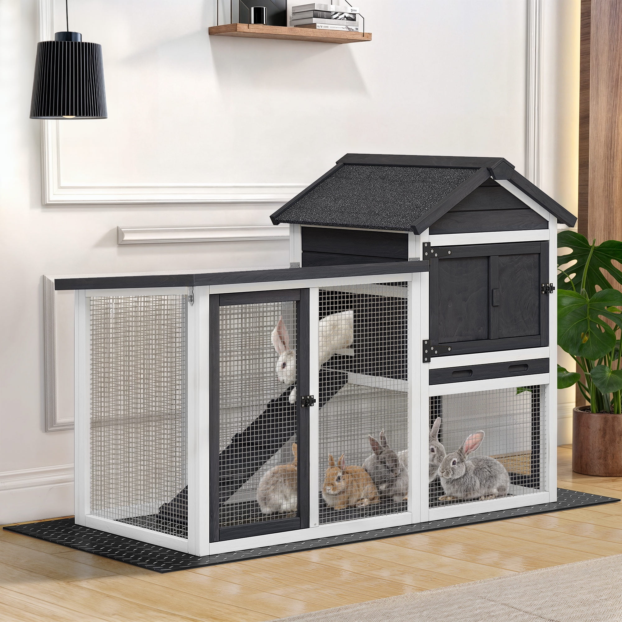 DWVO Wood Rabbit Hutch Indoor&Outdoor Bunny Cage with PVC Mat ...