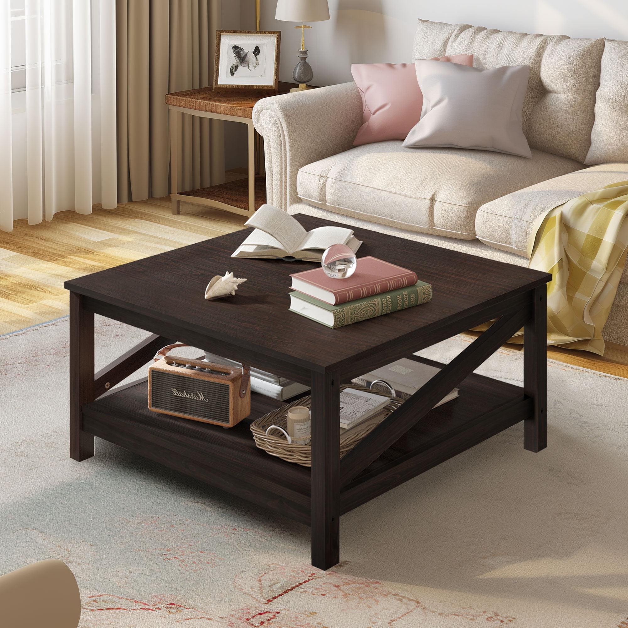 DWVO Wooden Coffee Table Storage Shelf Rectangular End Side Table ...