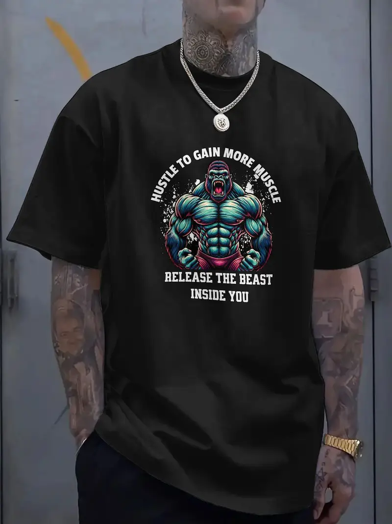 DXM6058 Muscle for Man Short Sleeve T-Shirt Black with Beast Pattern ...