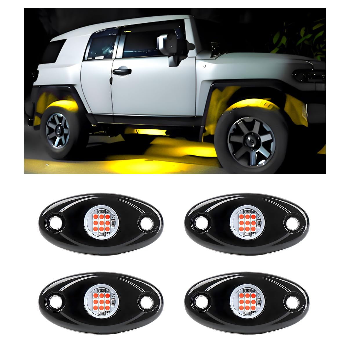 DXNQ 4 PCS LED IFF17 Rock Lights Kit, Car Waterproof Rock Lights Atmosphere Lamp with 9 Bright ...