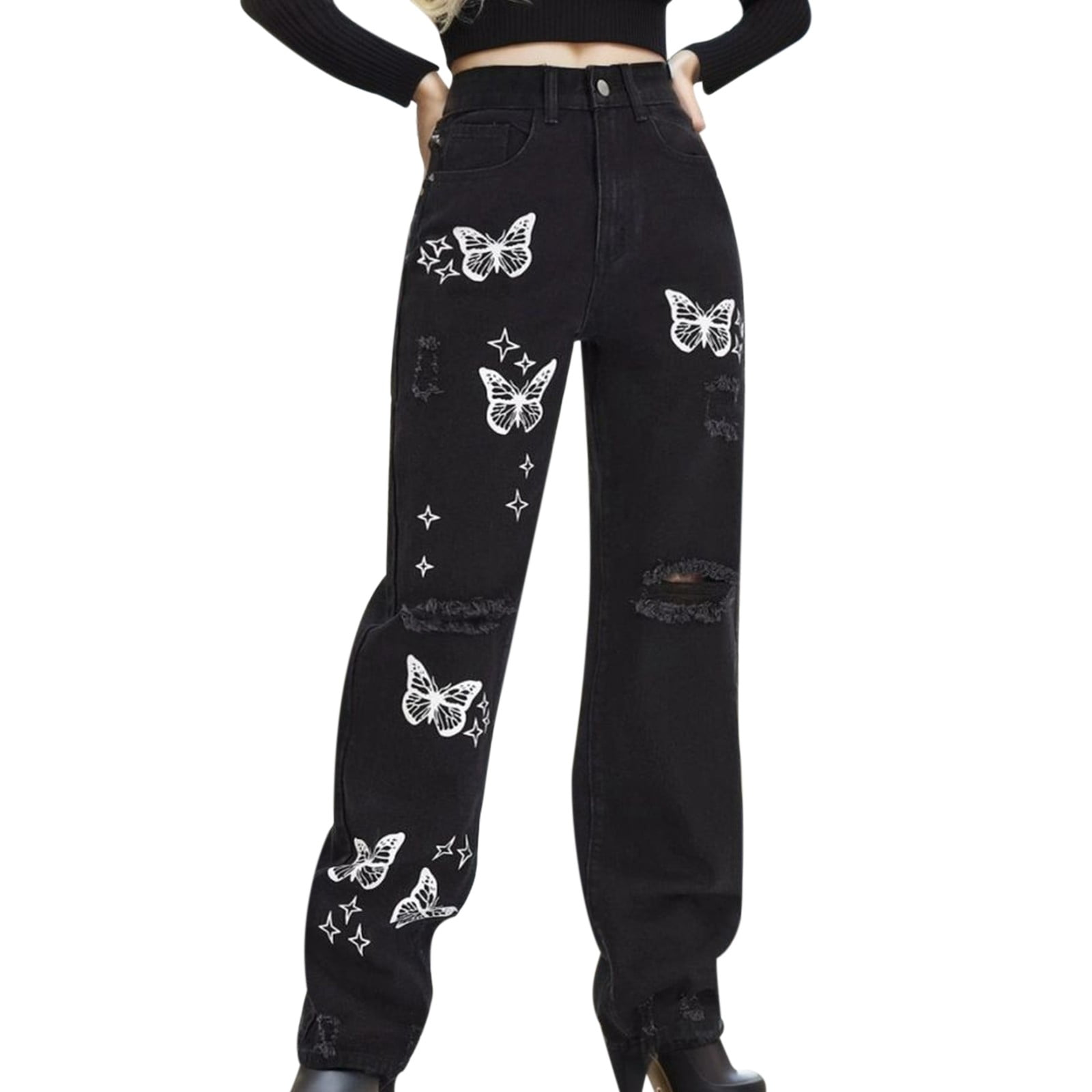 DXOUPM Ripped Jeans Women's Fashion Distressed Butterfly Print High ...