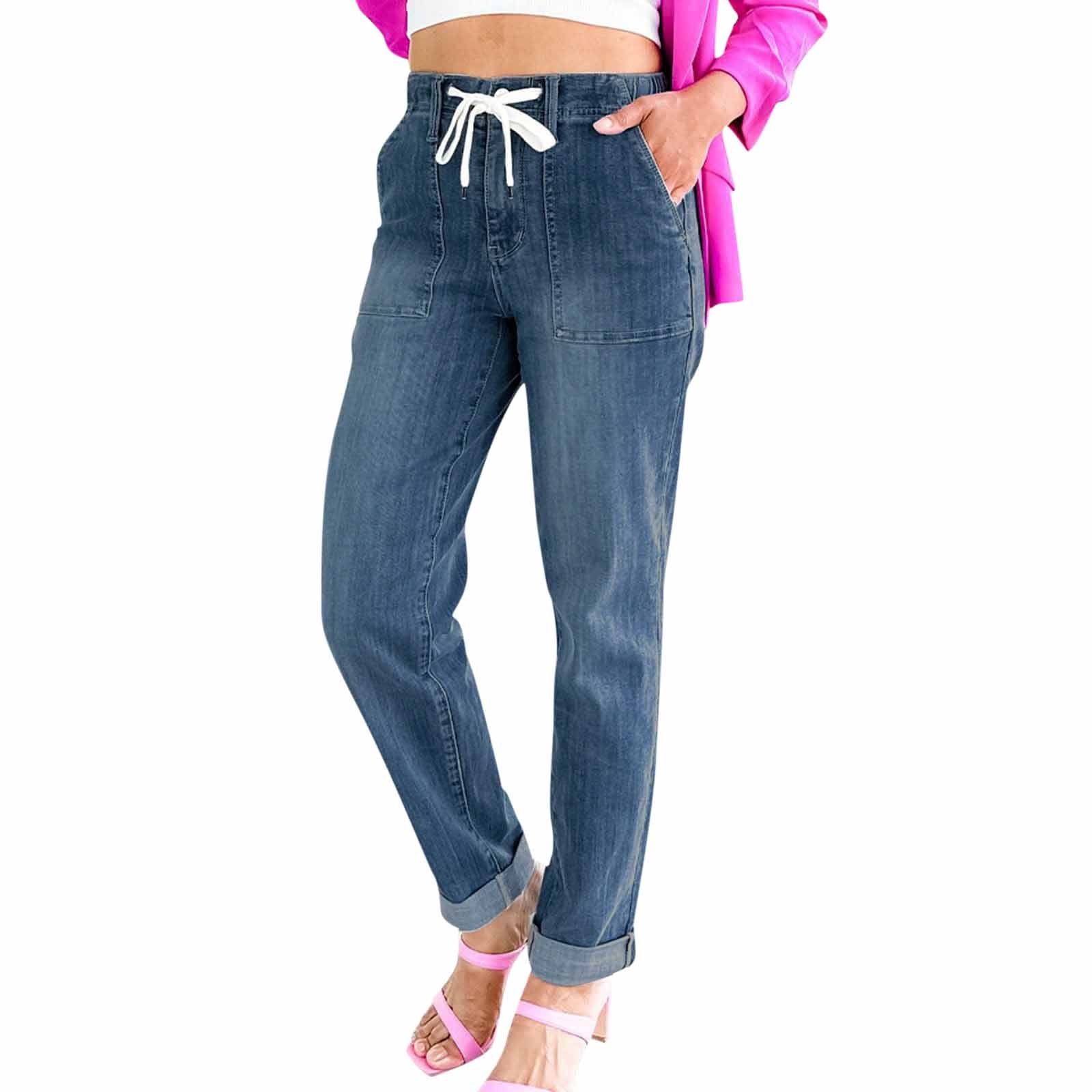 DXOUPM Women Casual Simple Fashion Strap Drawstring Jeans Half Elastic ...